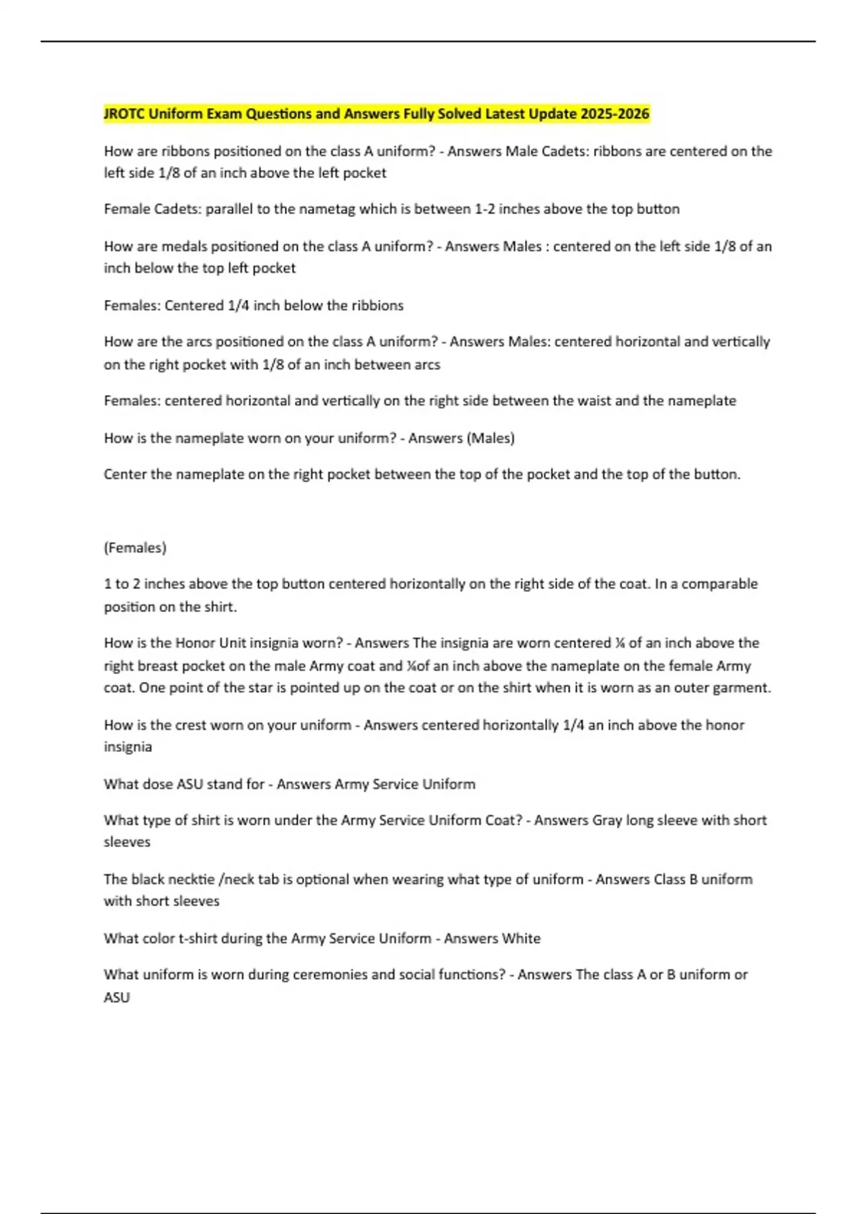 JROTC Uniform Exam Questions and Answers Fully Solved Latest Update ...