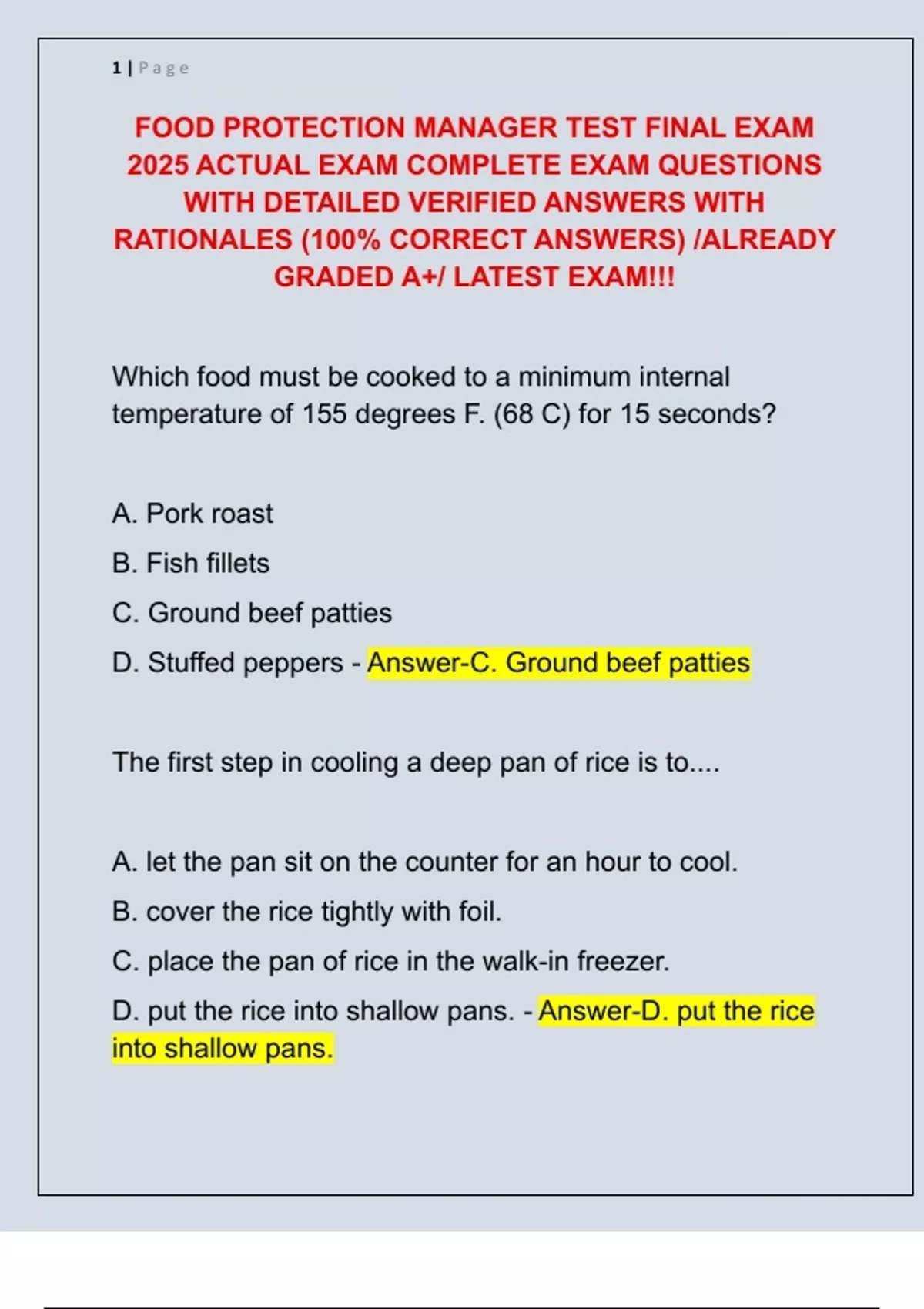 FOOD PROTECTION MANAGER TEST FINAL EXAM 2025 ACTUAL EXAM COMPLETE EXAM ...