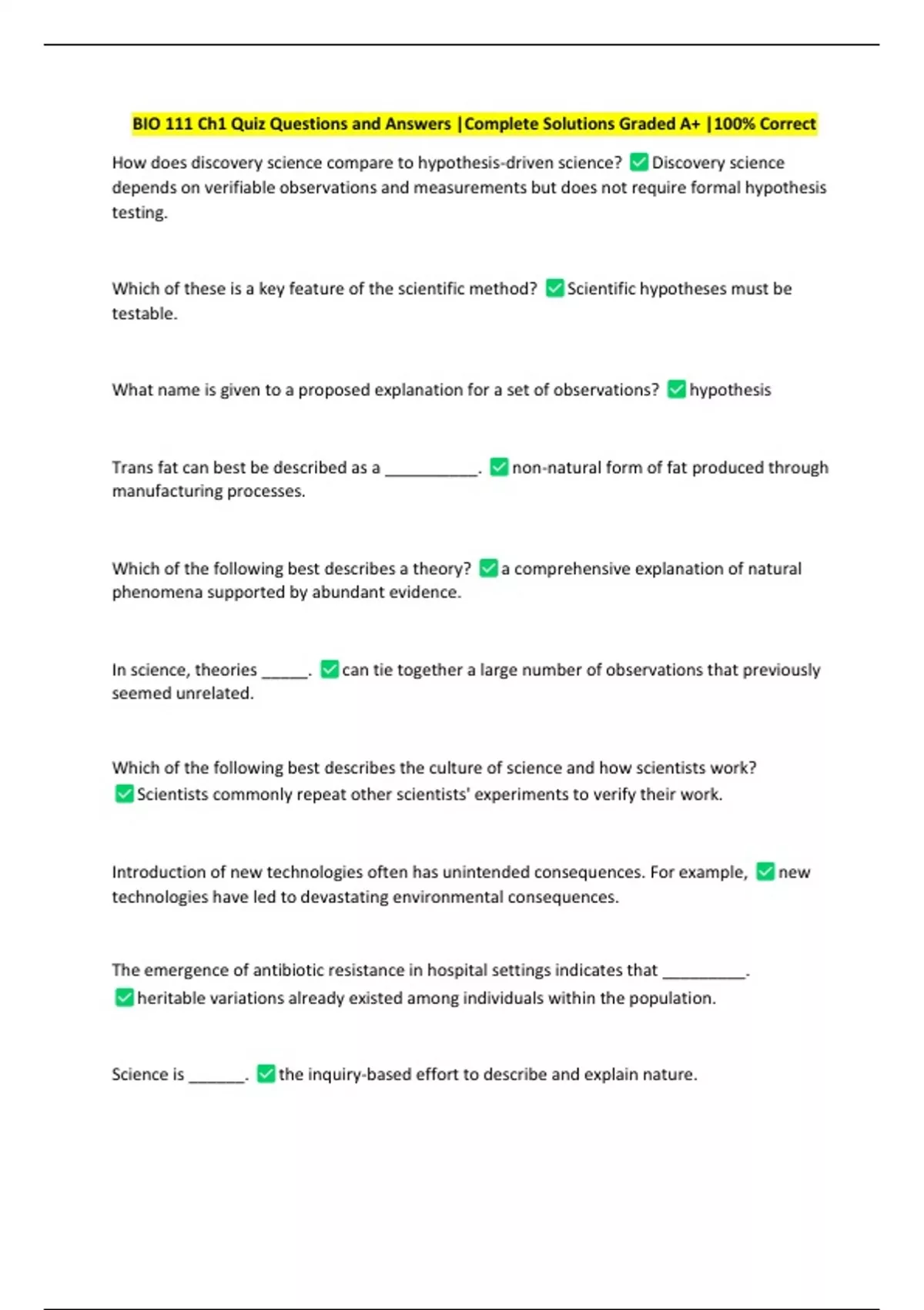 BIO 111 Ch1 Quiz Questions and Answers |Complete Solutions Graded A+ ...