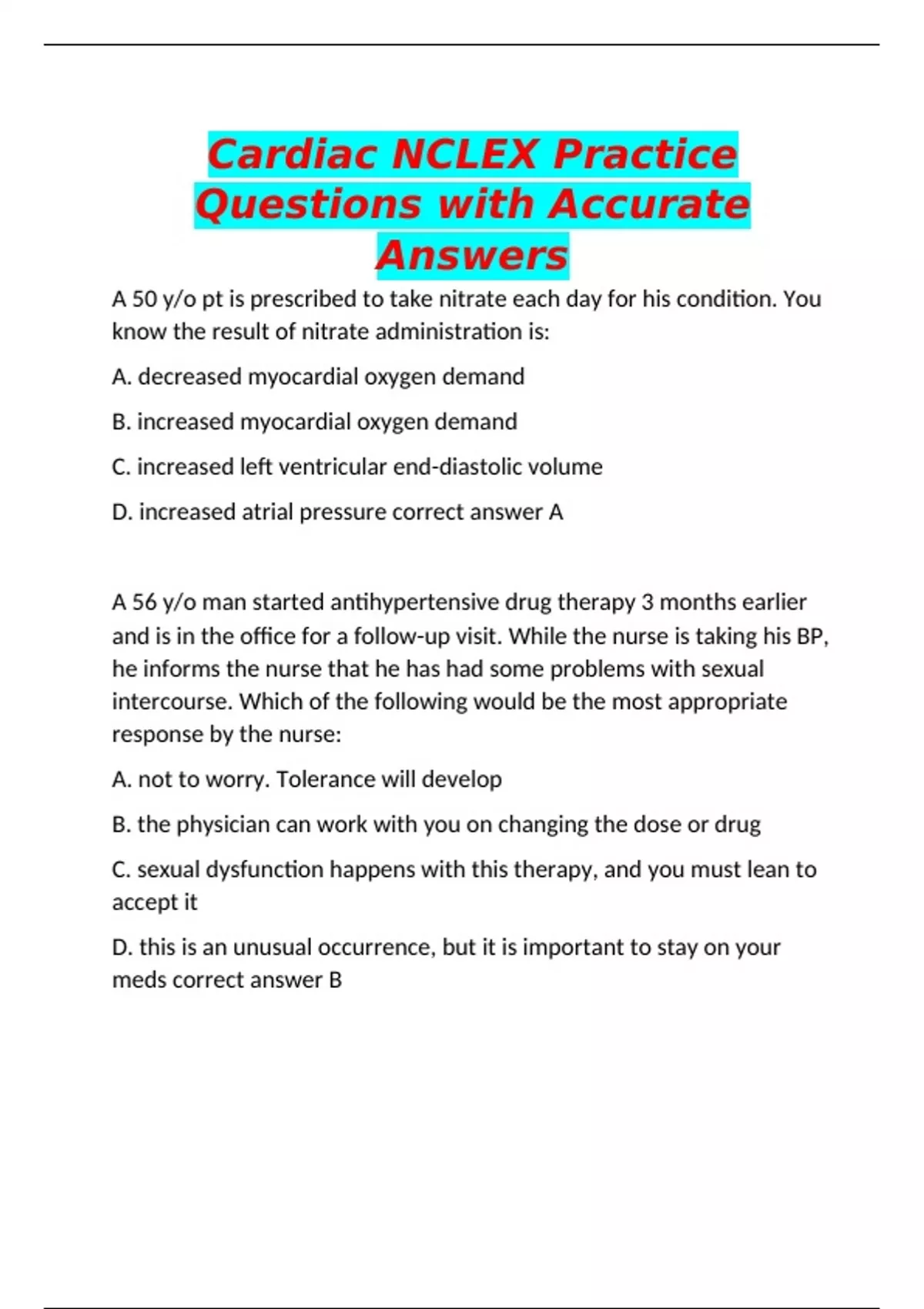 Cardiac NCLEX Practice Questions with Accurate Answers - Cardiovascular ...