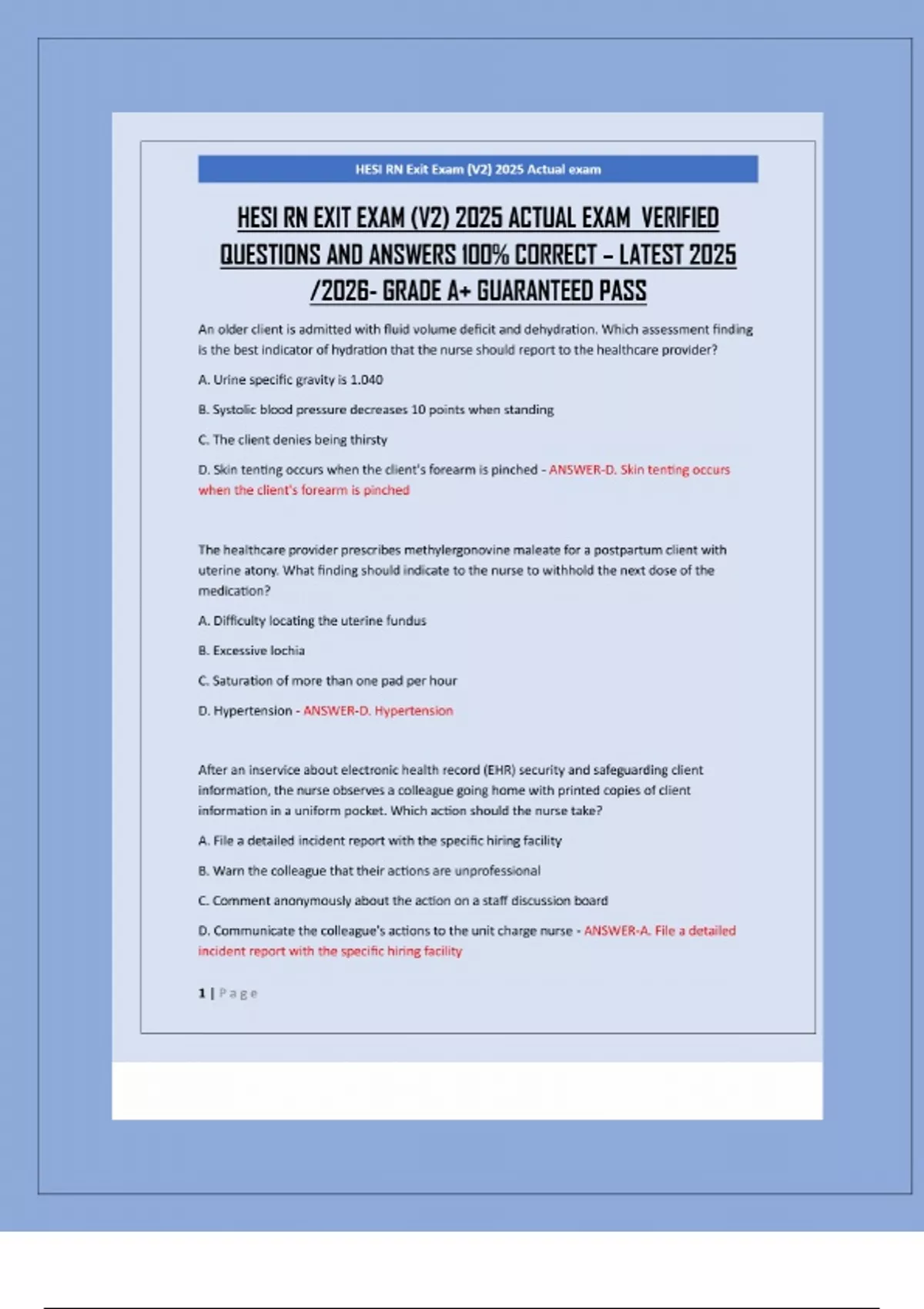 HESI RN EXIT EXAM (V2) 2025 ACTUAL EXAM VERIFIED QUESTIONS AND ANSWERS ...