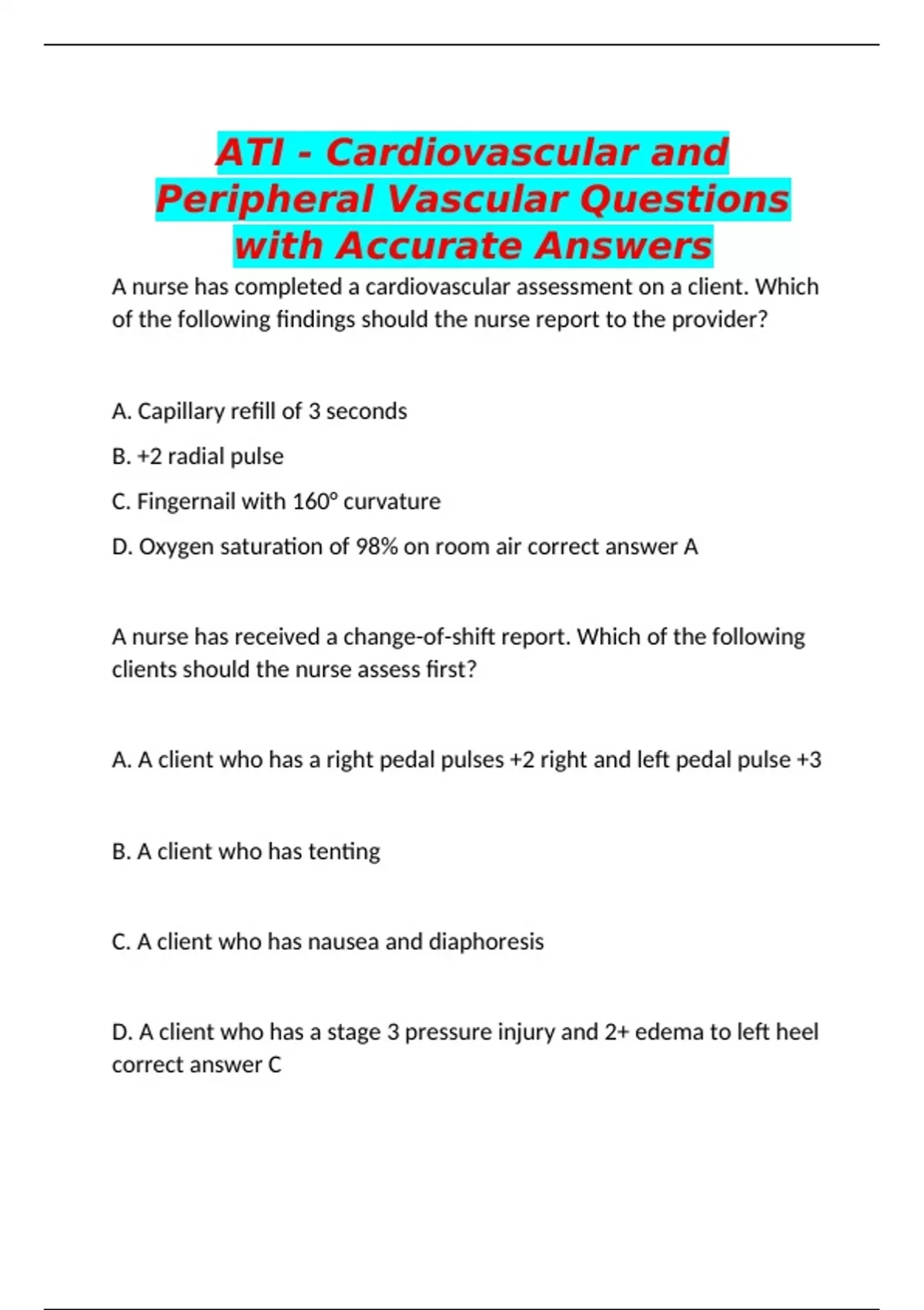 Cardiovascular and Peripheral Vascular Questions with Accurate Answers ...