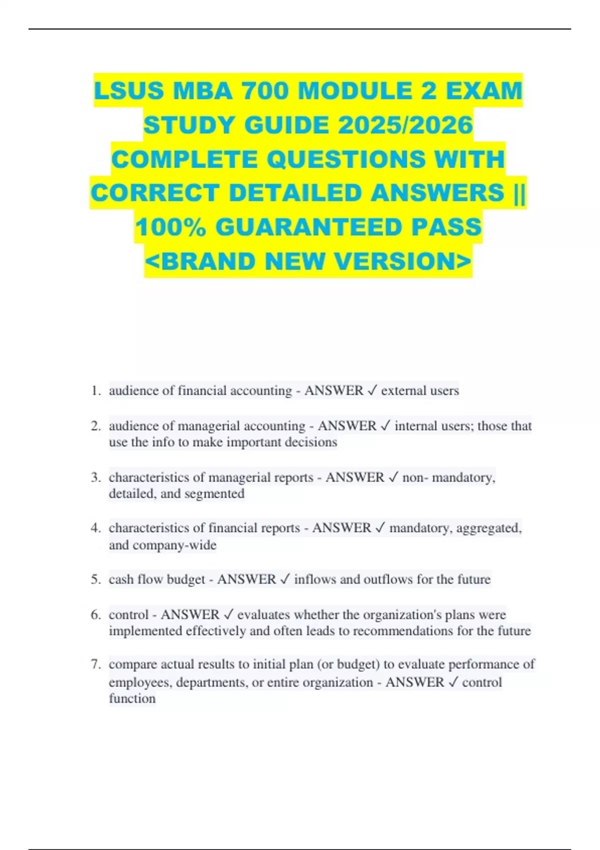 LSUS MBA 700 MODULE 2 EXAM STUDY GUIDE 2025/2026 COMPLETE QUESTIONS ...