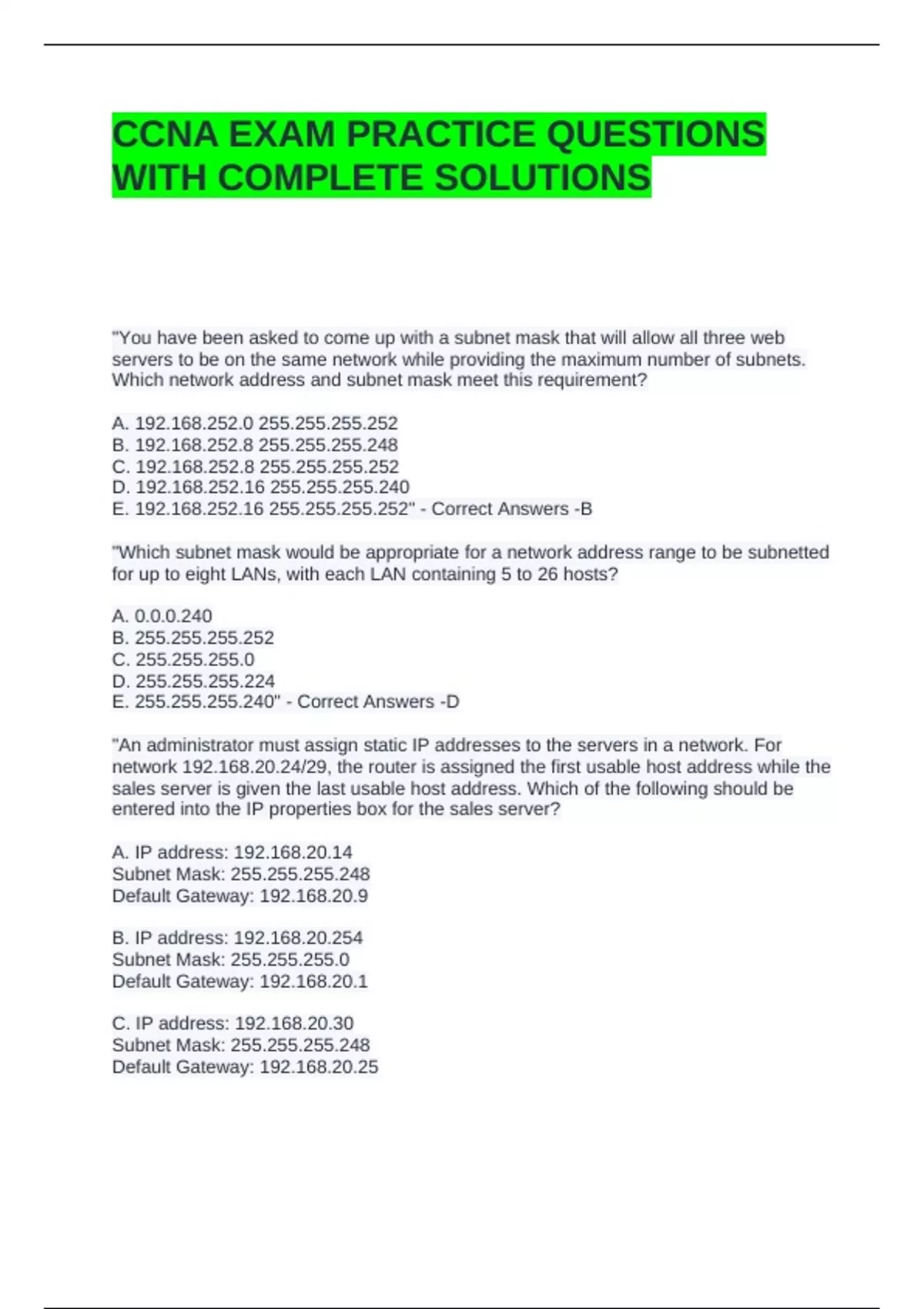 CCNA EXAM PRACTICE QUESTIONS WITH COMPLETE SOLUTIONS - CCNA - Stuvia US