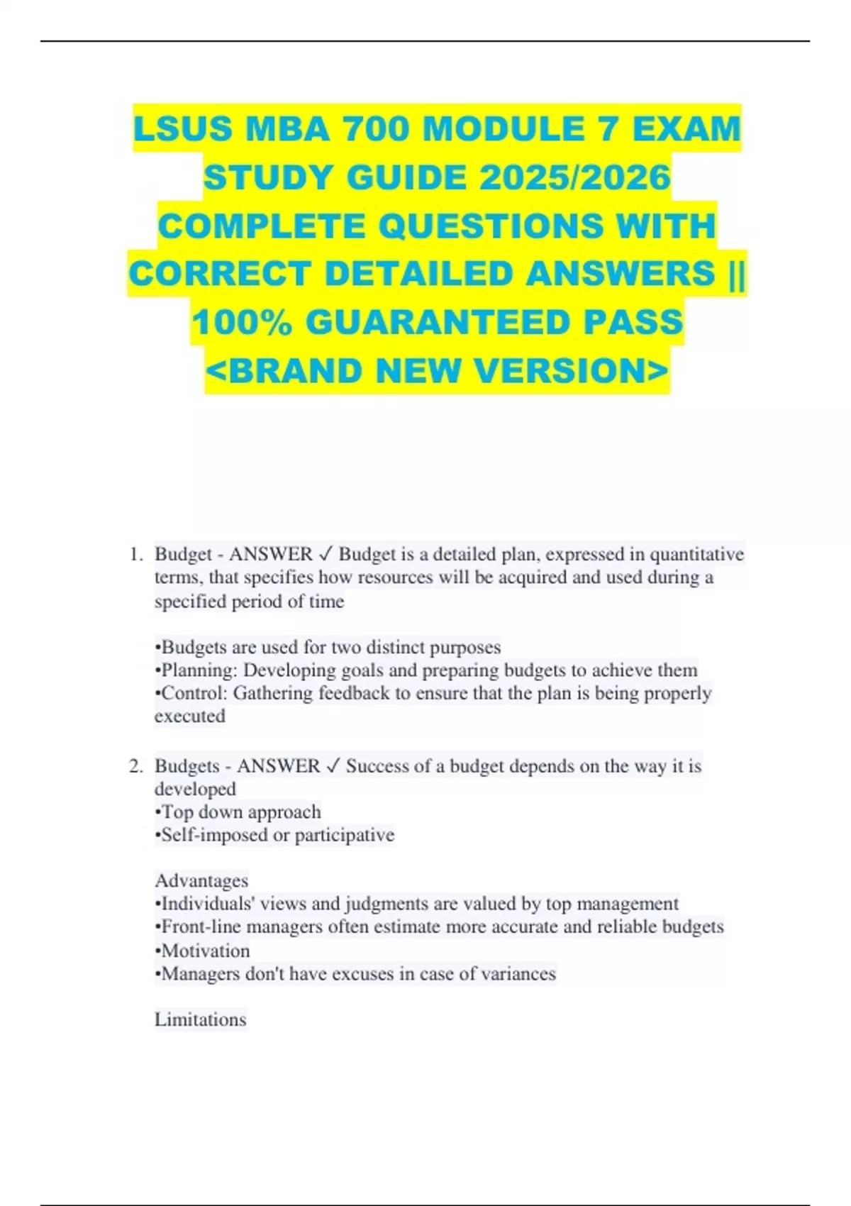 LSUS MBA 700 MODULE 7 EXAM STUDY GUIDE 2025/2026 COMPLETE QUESTIONS ...