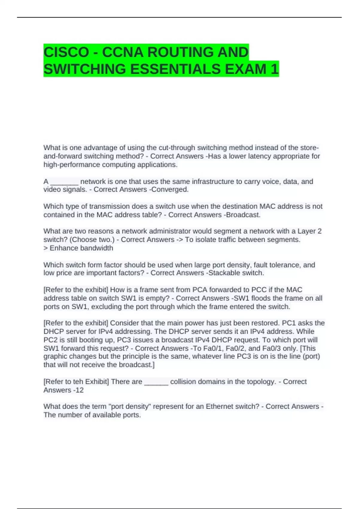 CISCO - CCNA ROUTING AND SWITCHING ESSENTIALS EXAM 1 QUESTIONS WITH ...