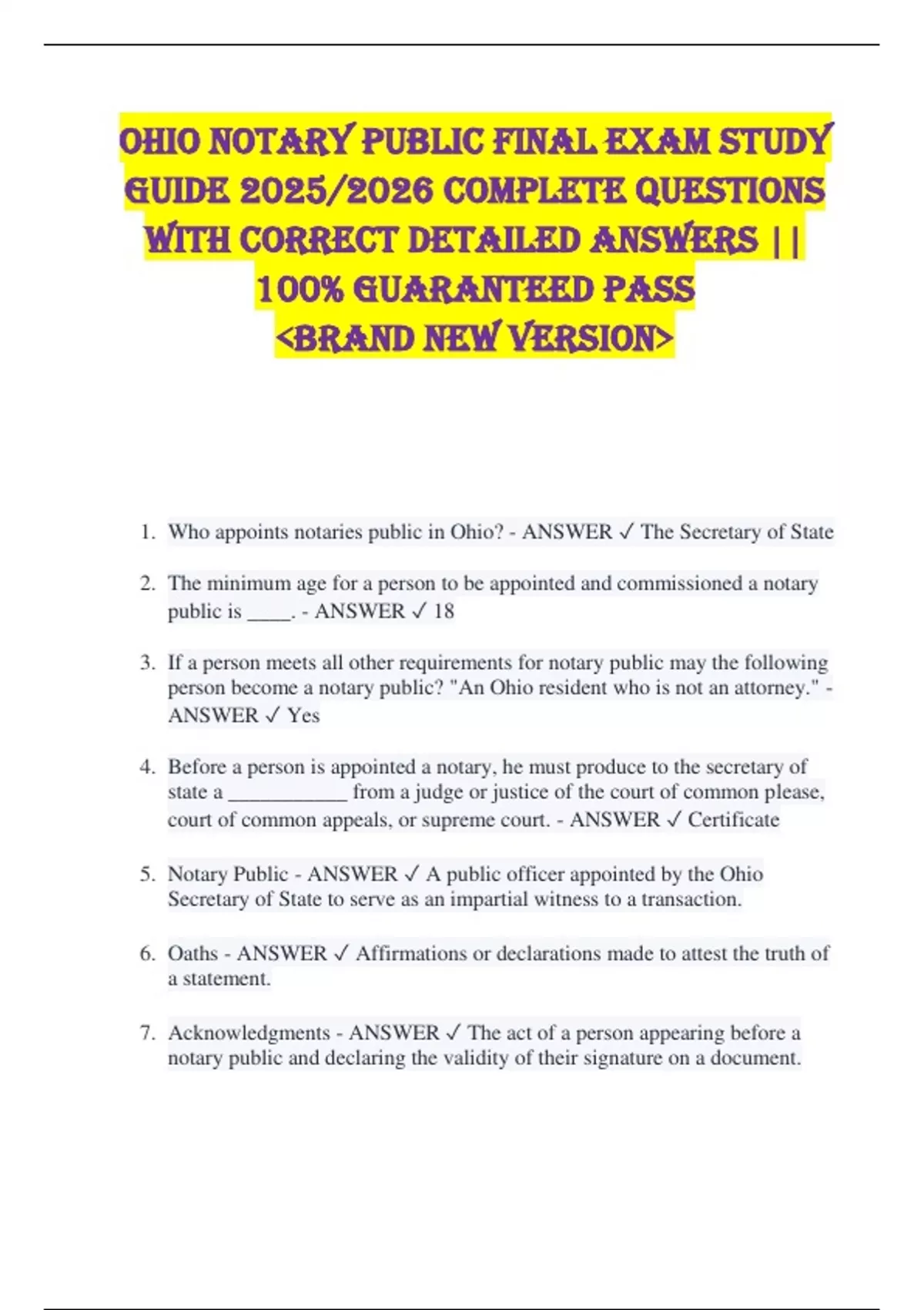 Ohio Notary Public FINAL EXAM STUDY GUIDE 2025/2026 COMPLETE QUESTIONS ...