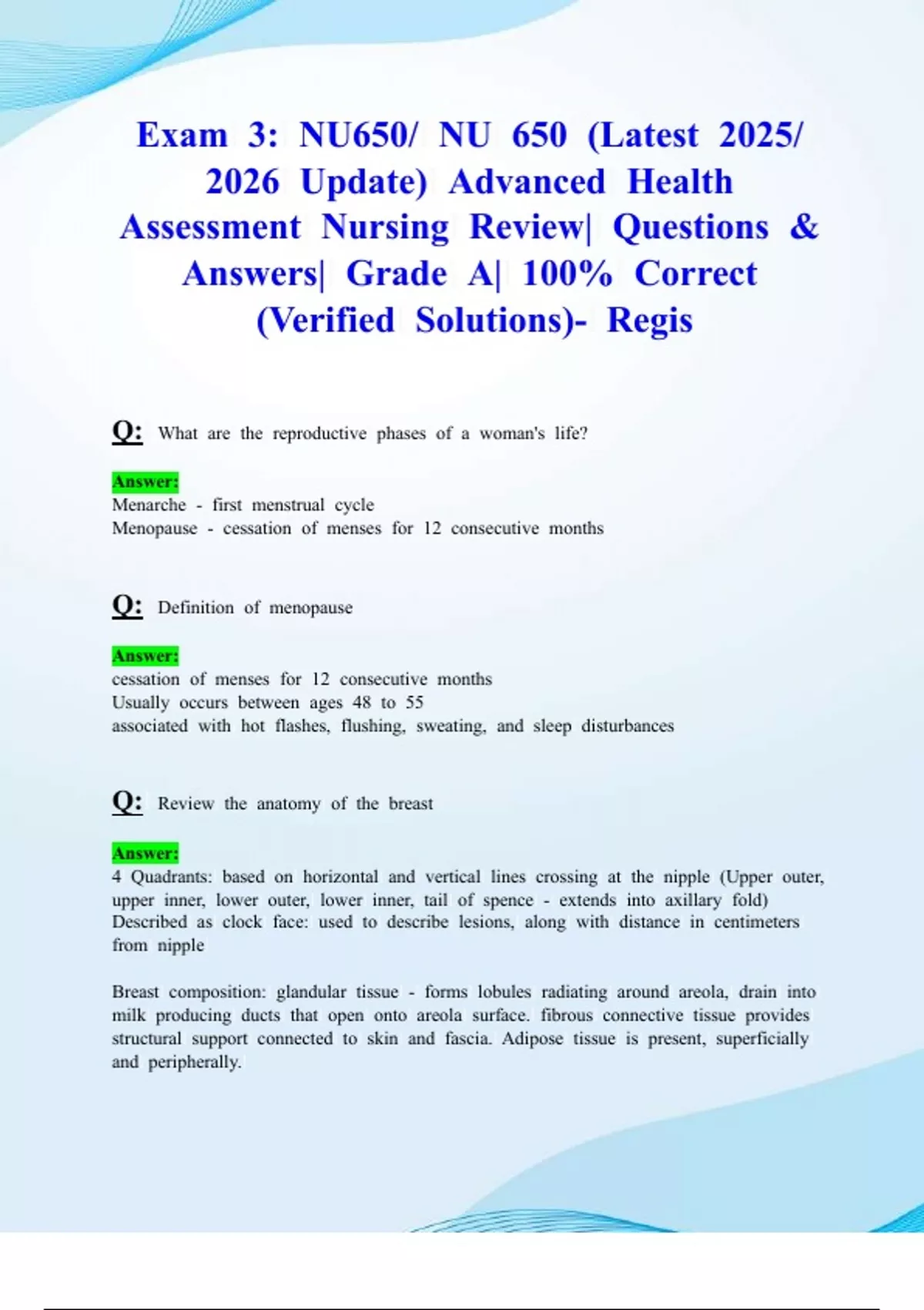 Exam 3: NU650/ NU 650 (Latest 2025/ 2026 Update) Advanced Health ...