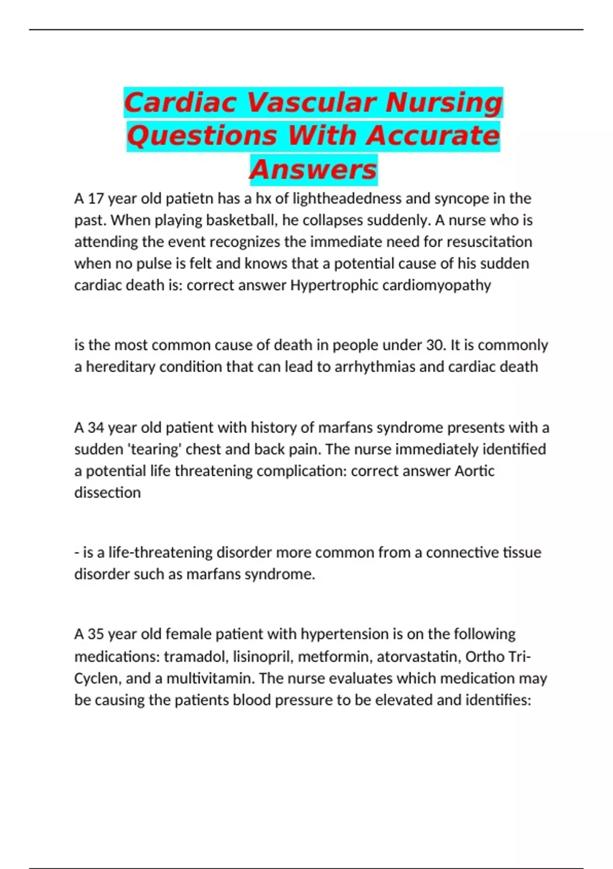 Cardiac Vascular Nursing Questions With Accurate Answers ...