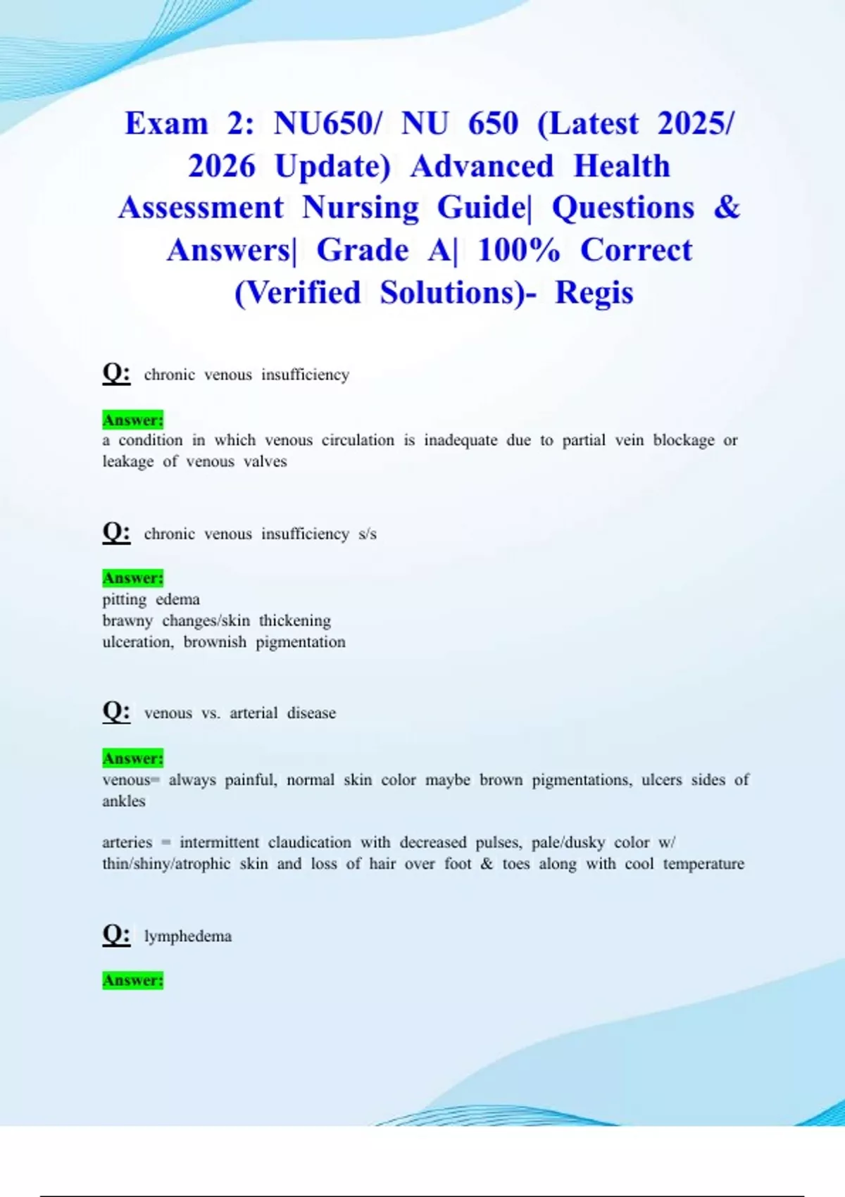 Exam 2: NU650/ NU 650 (Latest 2025/ 2026 Update) Advanced Health ...