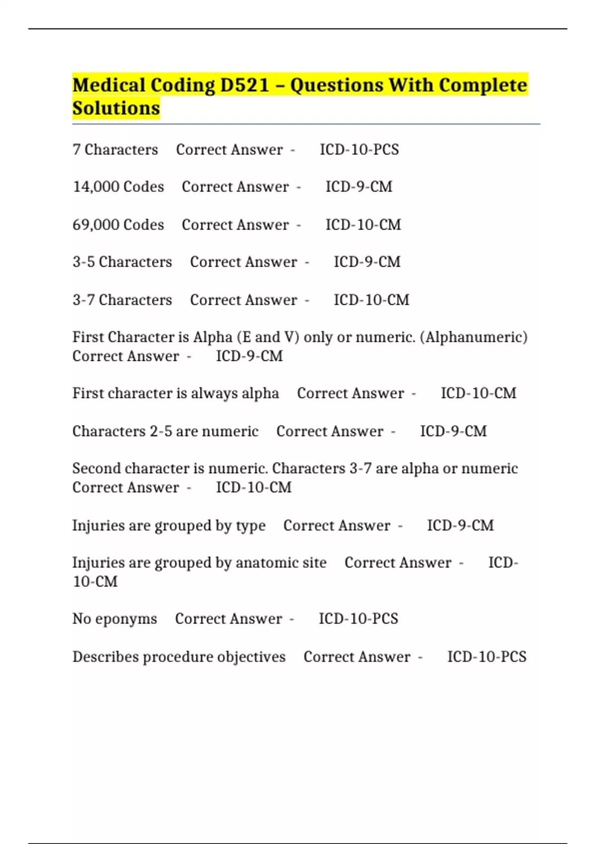 Medical Coding D521 – Questions With Complete Solutions - WGU D521 ...