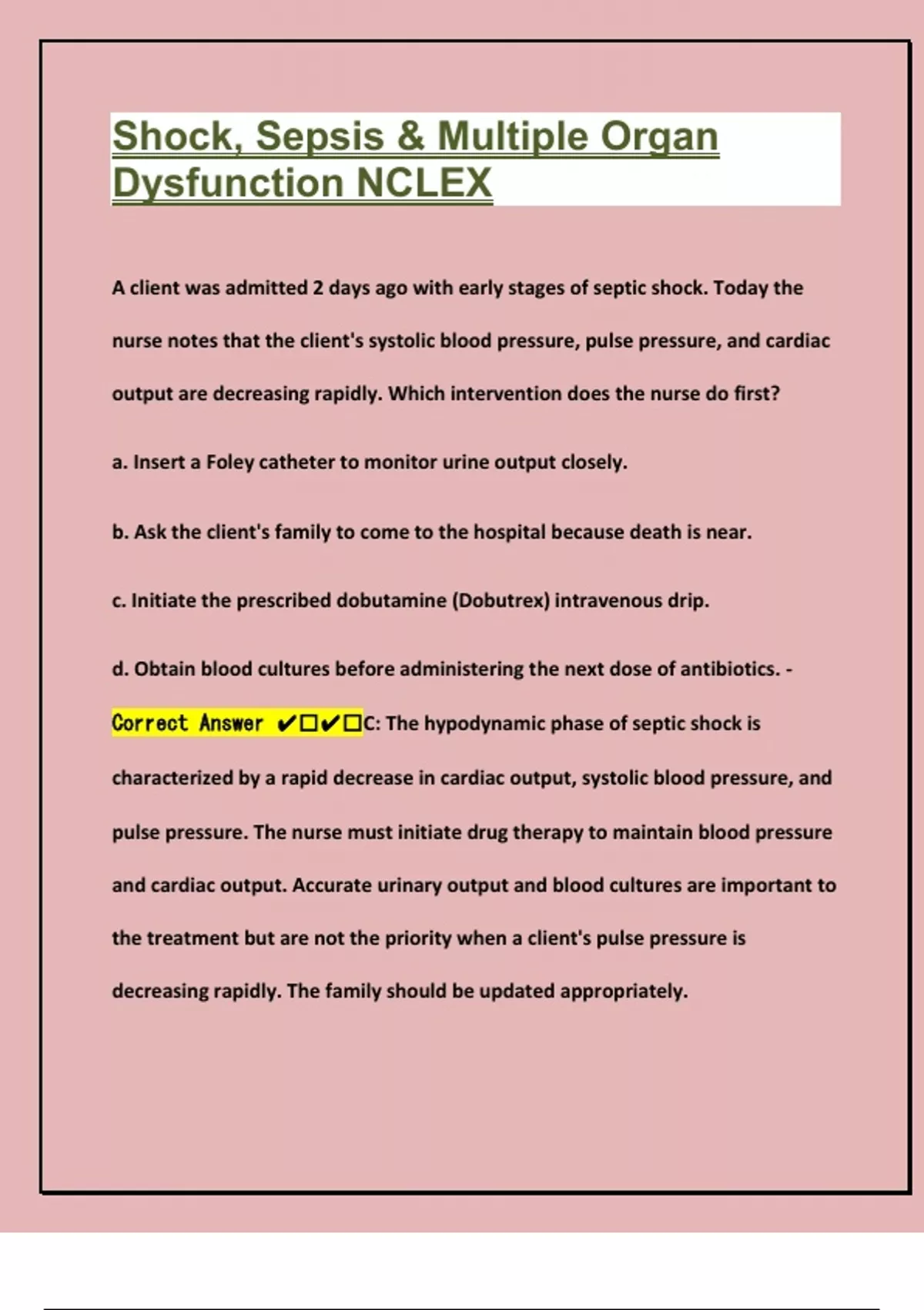 Shock, Sepsis & Multiple Organ Dysfunction NCLEX Questions, Answers ...