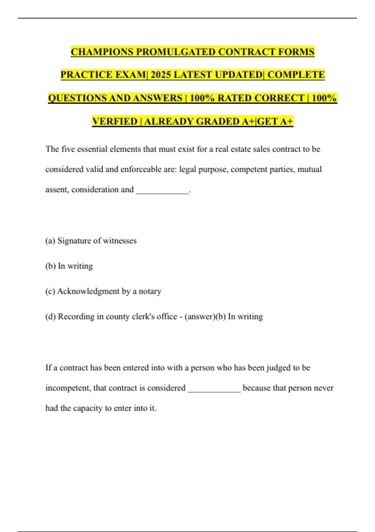 CHAMPIONS PROMULGATED CONTRACT FORMS PRACTICE EXAM| 2025 LATEST UPDATED ...