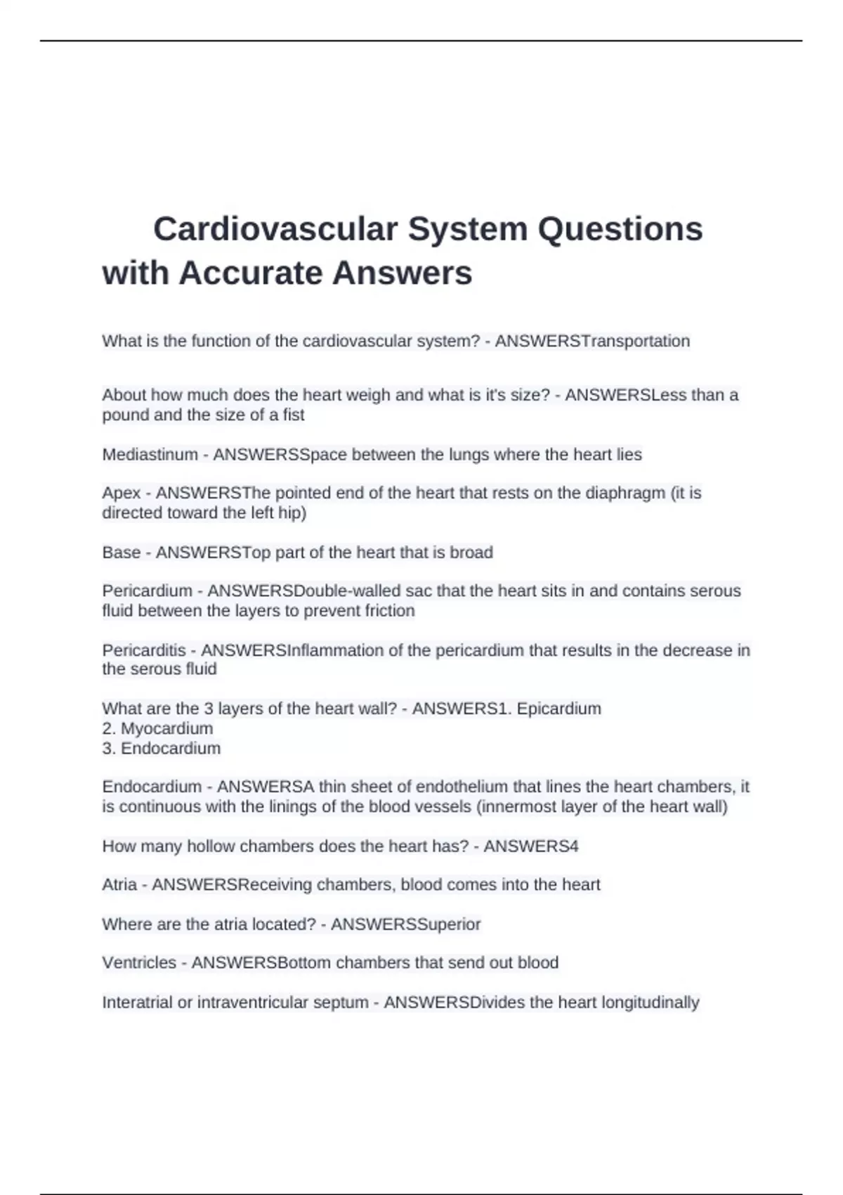 Cardiovascular System Questions with Accurate Answers - Cardiovascular ...
