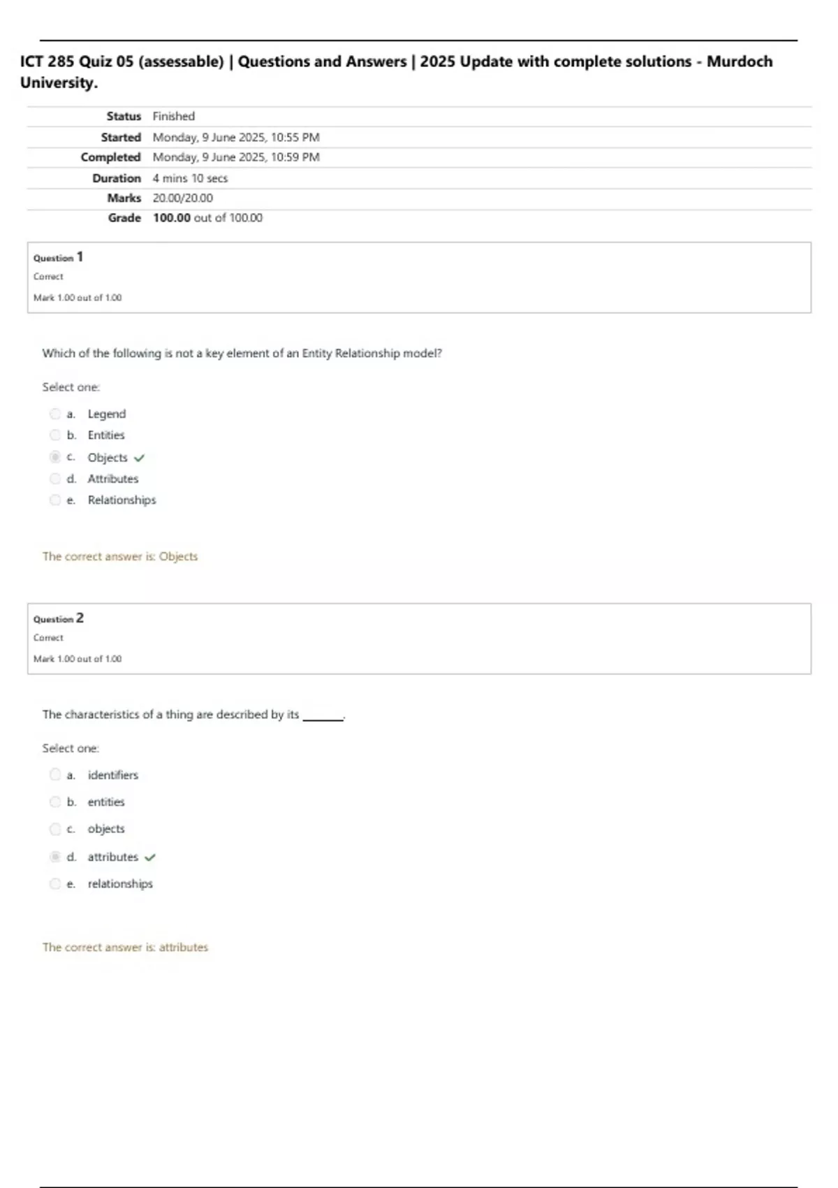 ICT 285 Quiz 05 (assessable) | Questions and Answers | 2025 Update with complete solutions ...