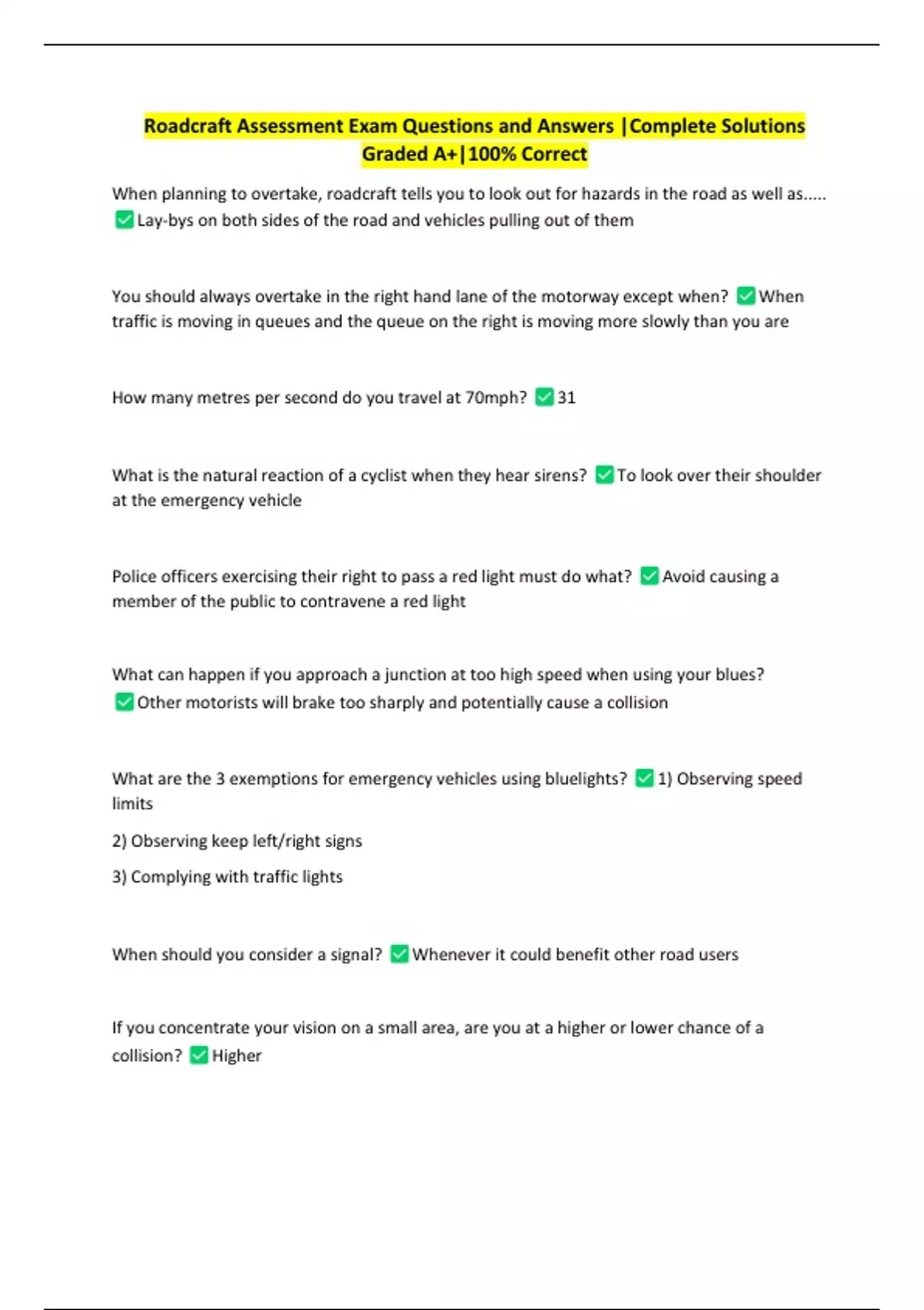 Roadcraft Assessment Exam Questions and Answers |Complete Solutions ...