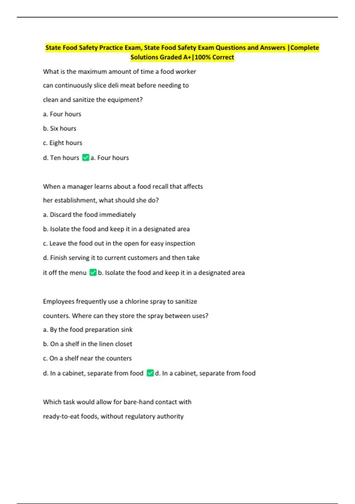 State Food Safety Practice Exam, State Food Safety Exam Questions and ...