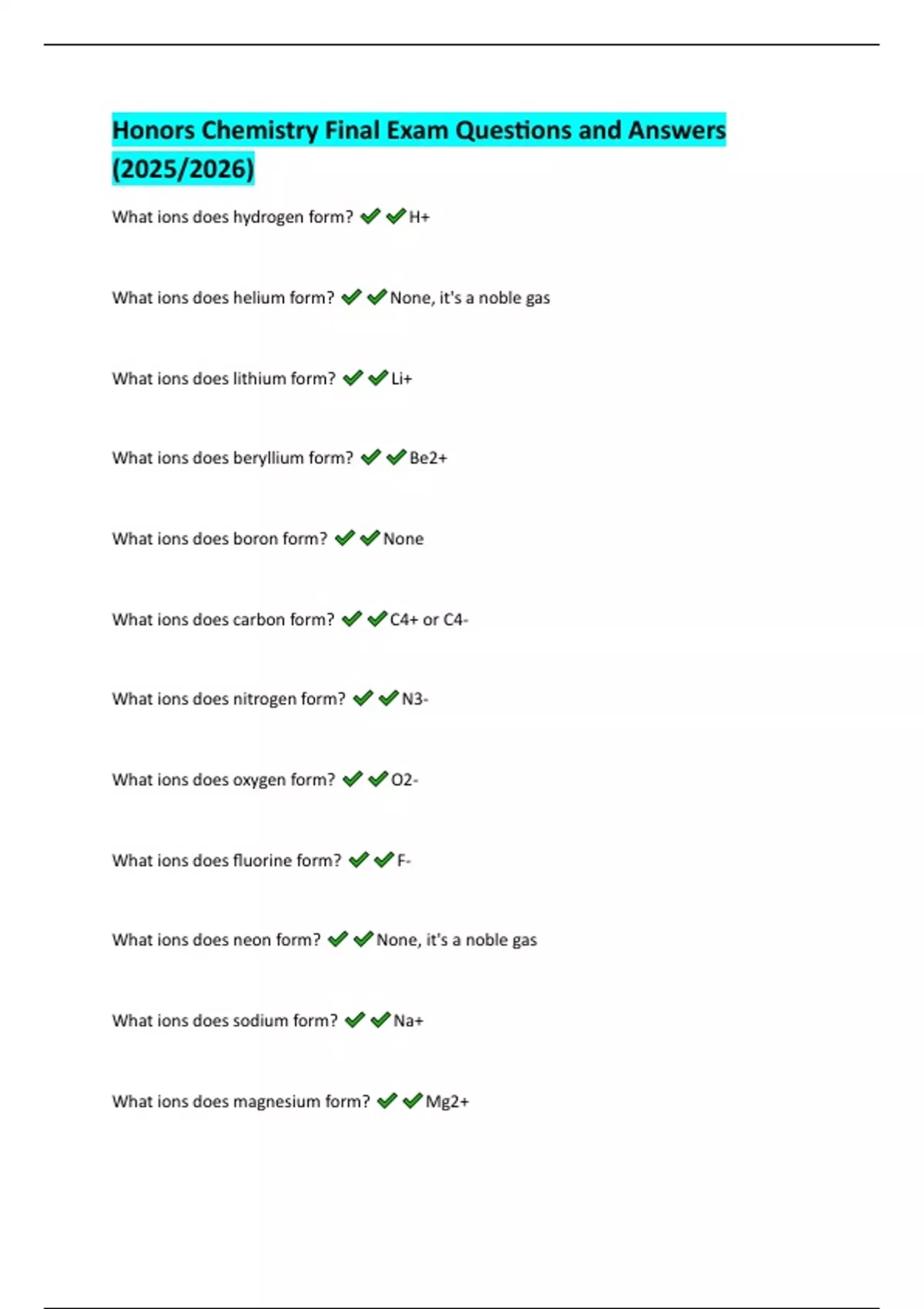 Honors Chemistry Final Exam Questions and Answers (2025/2026 ...