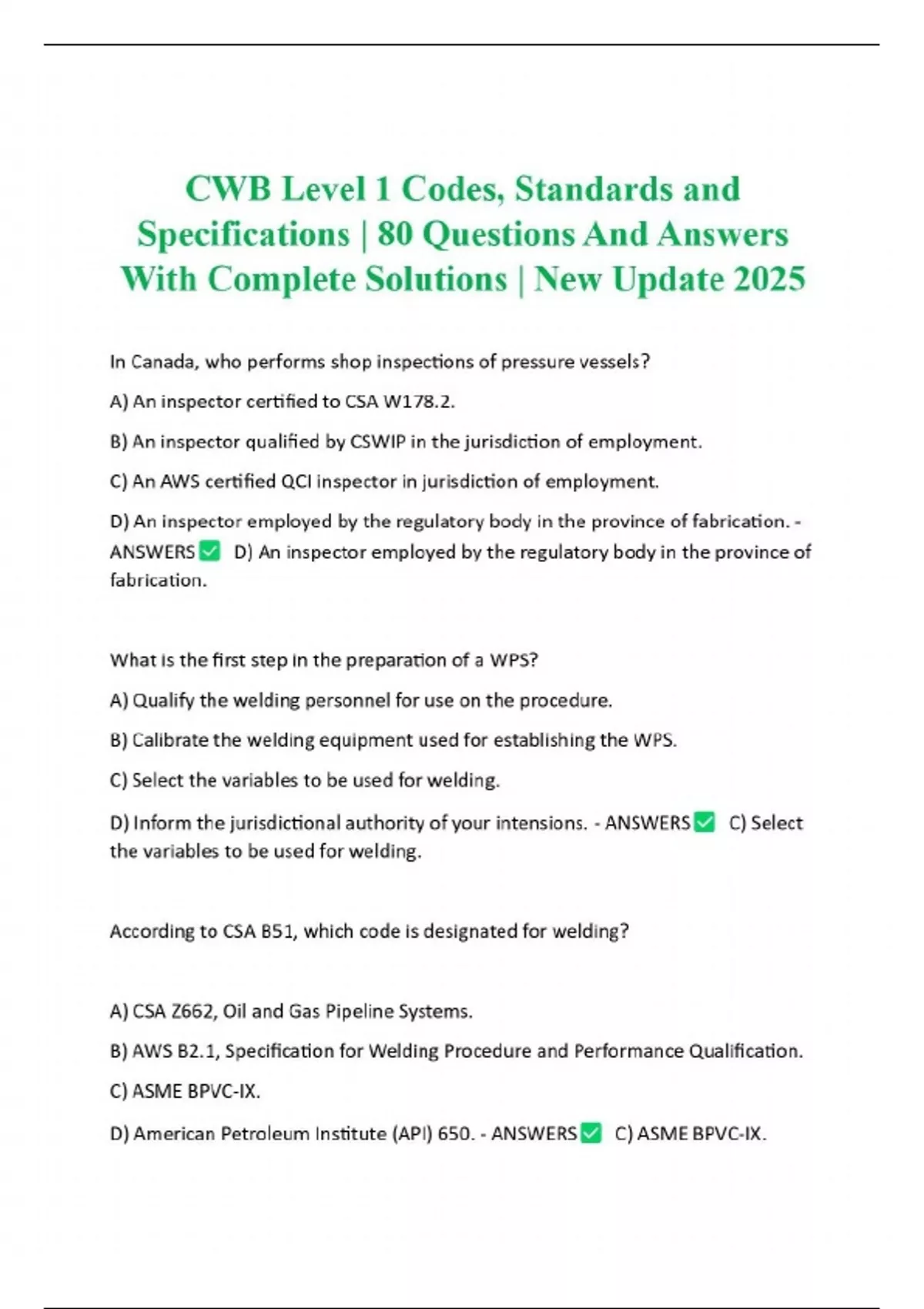 CWB Level 1 Codes, Standards and Specifications | 80 Questions And Answers With Complete ...