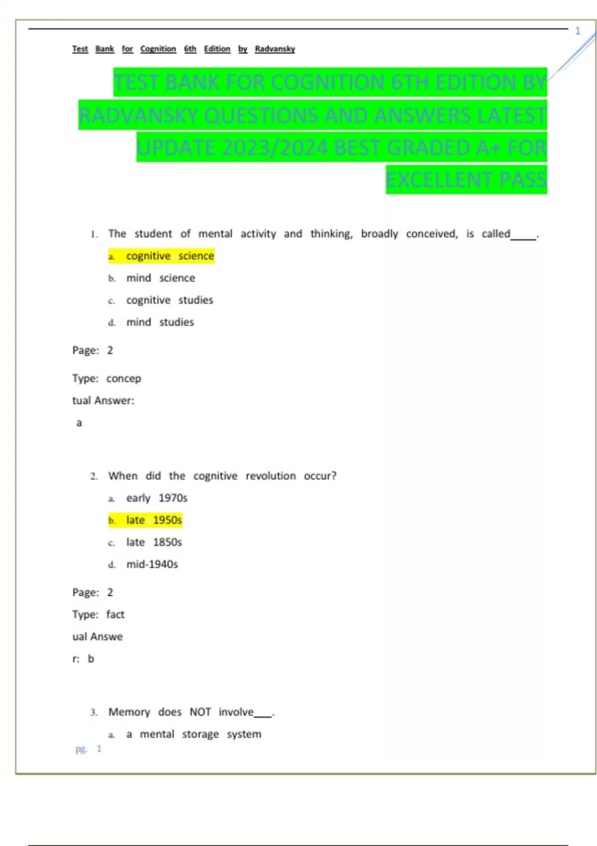 TEST BANK FOR COGNITION 6TH EDITION BY RADVANSKY QUESTIONS AND ANSWERS ...