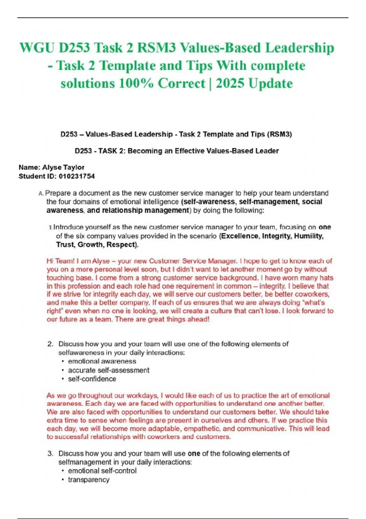 Wgu D253 Task 2 Rsm3 Values Based Leadership Task 2 Template And Tips With Complete Solutions
