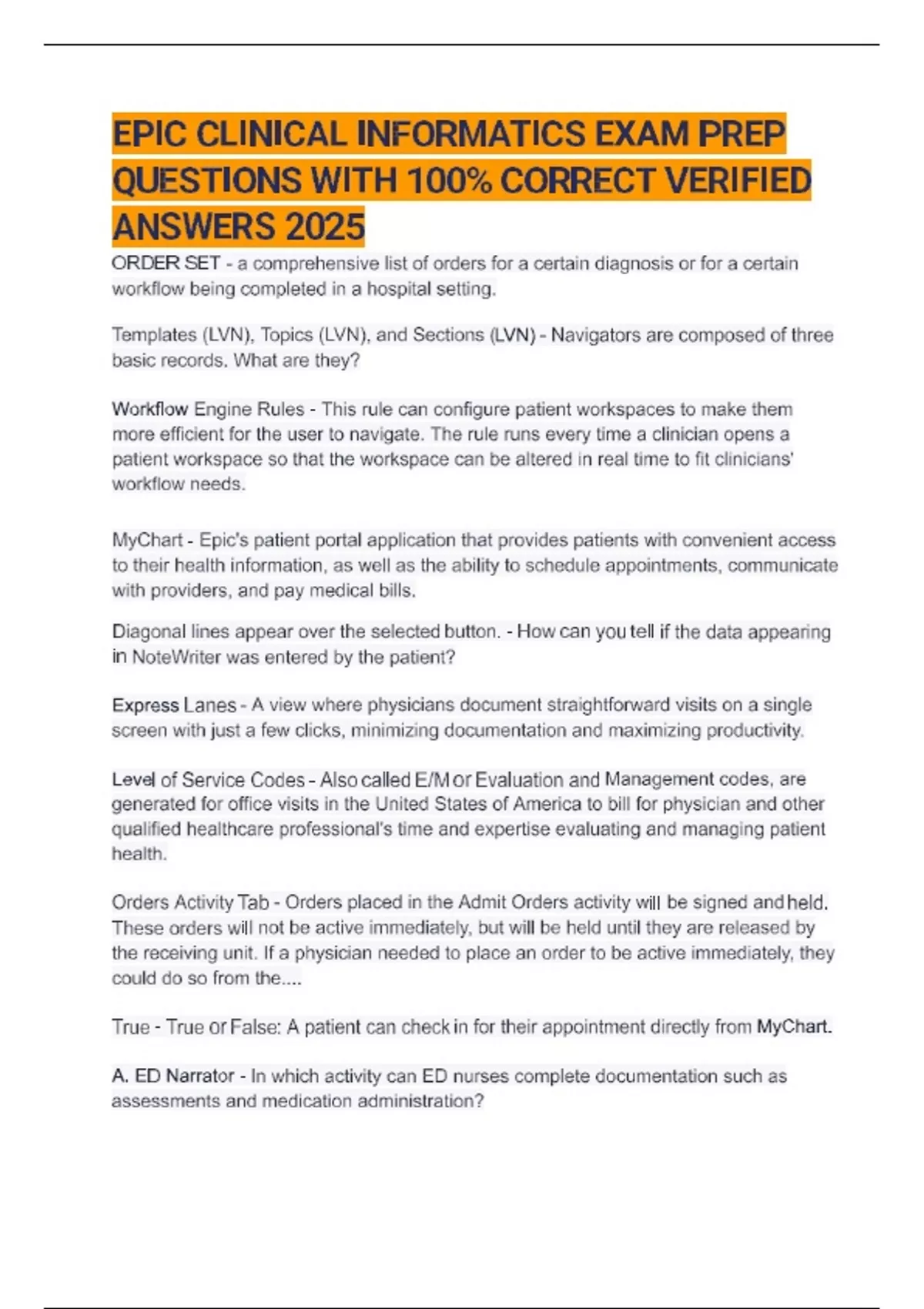 EPIC CLINICAL INFORMATICS EXAM PREP QUESTIONS WITH CORRECT ANSWERS 2025 ...