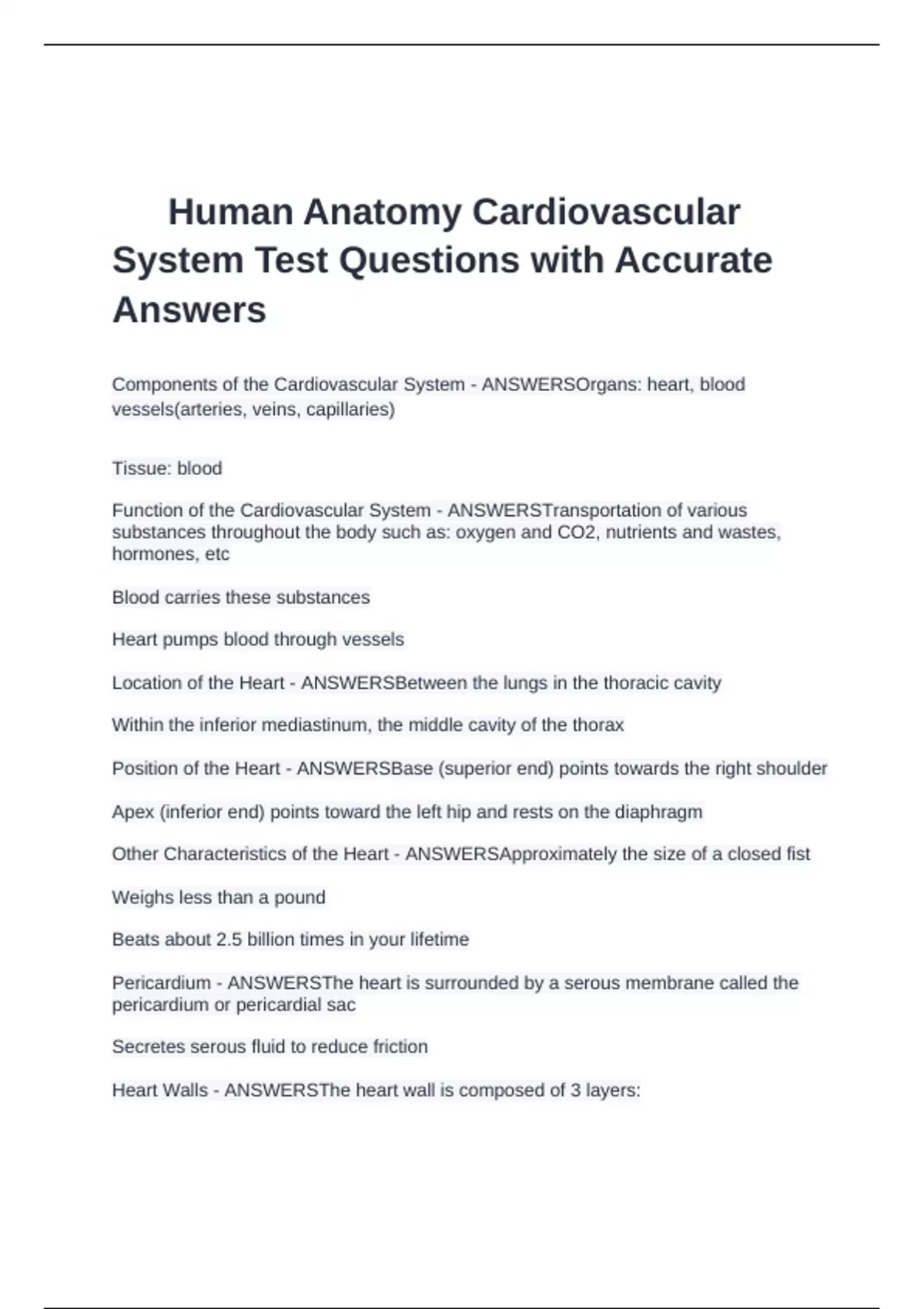 Human Anatomy Cardiovascular System Test Questions with Accurate ...