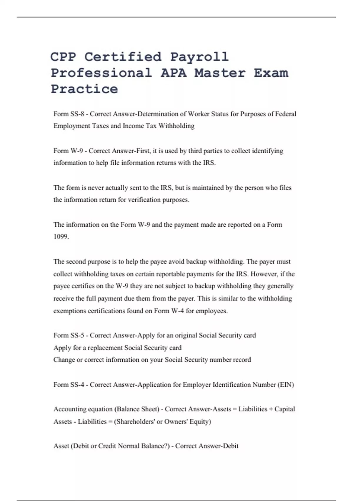 : CPP Certified Payroll Professional – APA Master Exam Practice Questions with Answers - CPP ...