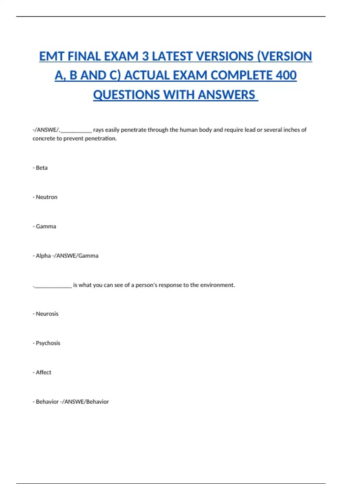 EMT FINAL EXAM 3 LATEST VERSIONS (VERSION A, B AND C) ACTUAL EXAM ...