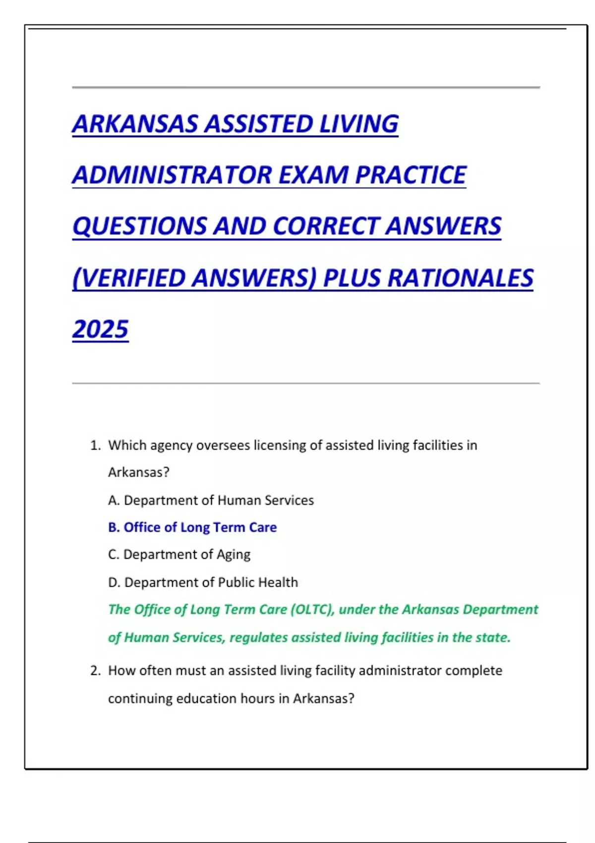 ARKANSAS ASSISTED LIVING ADMINISTRATOR EXAM PRACTICE QUESTIONS AND ...