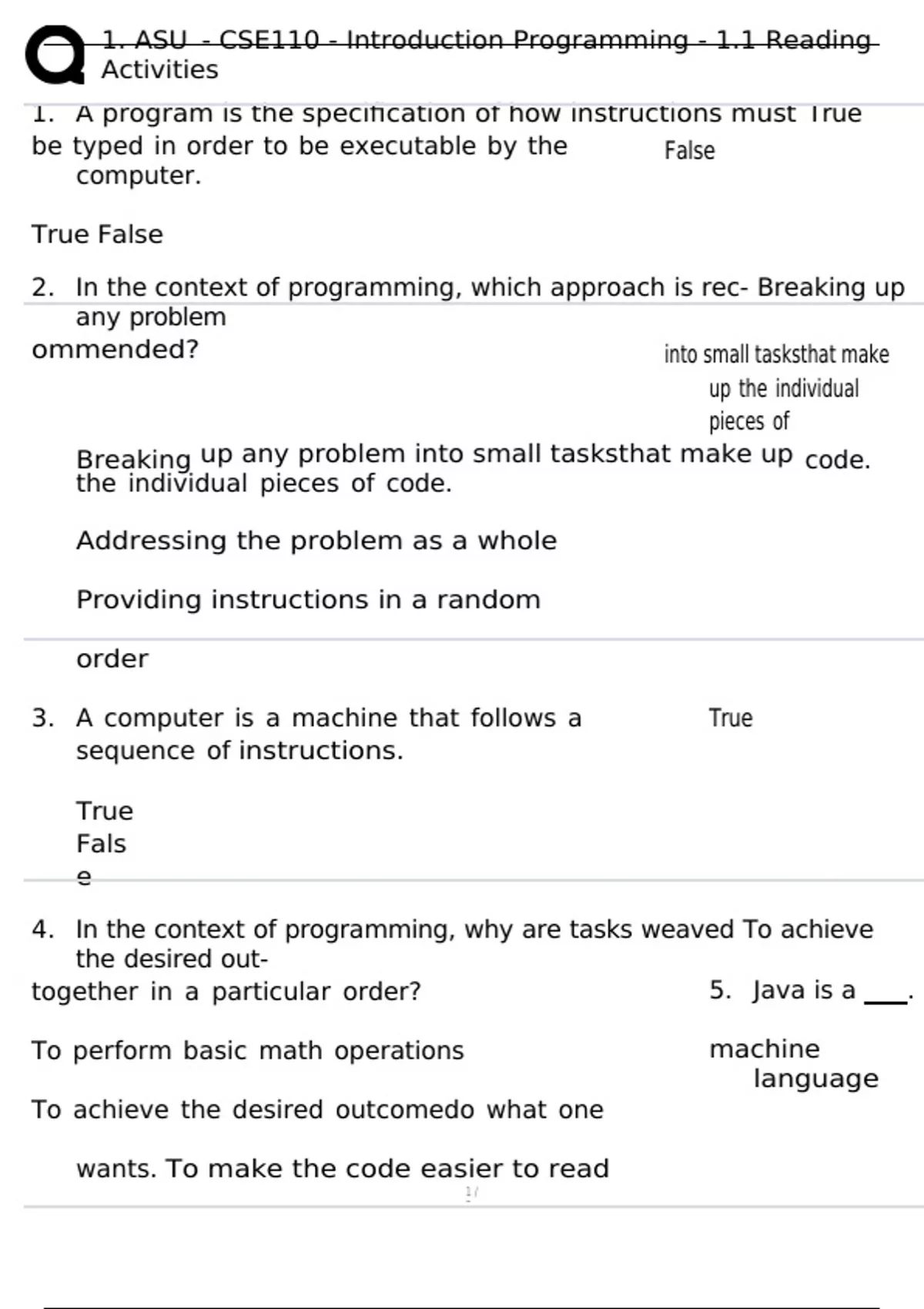 ASU CSE 110 Exam 1 Question and answers rated A+ 2025 - ASU CSE 110 - Stuvia US