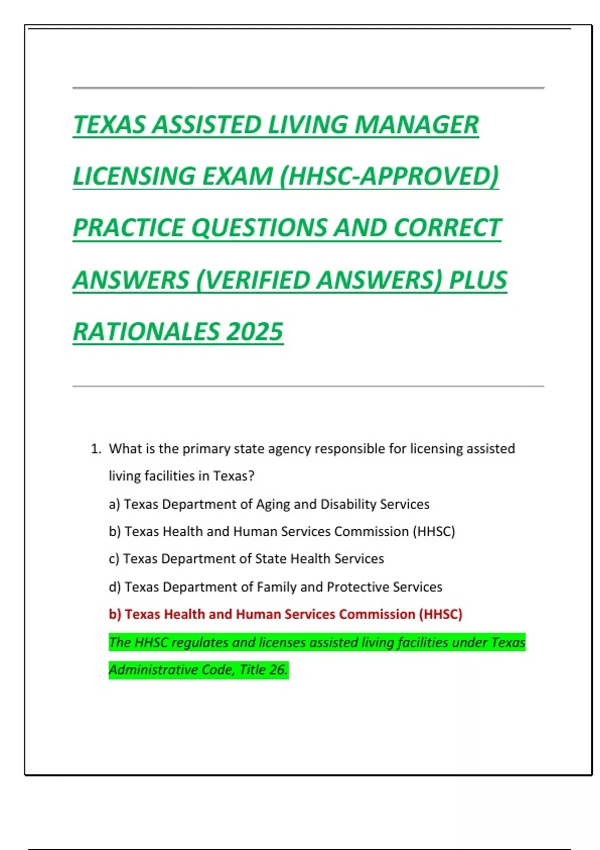 TEXAS ASSISTED LIVING MANAGER LICENSING EXAM (HHSC-APPROVED) PRACTICE QUESTIONS AND CORRECT ...