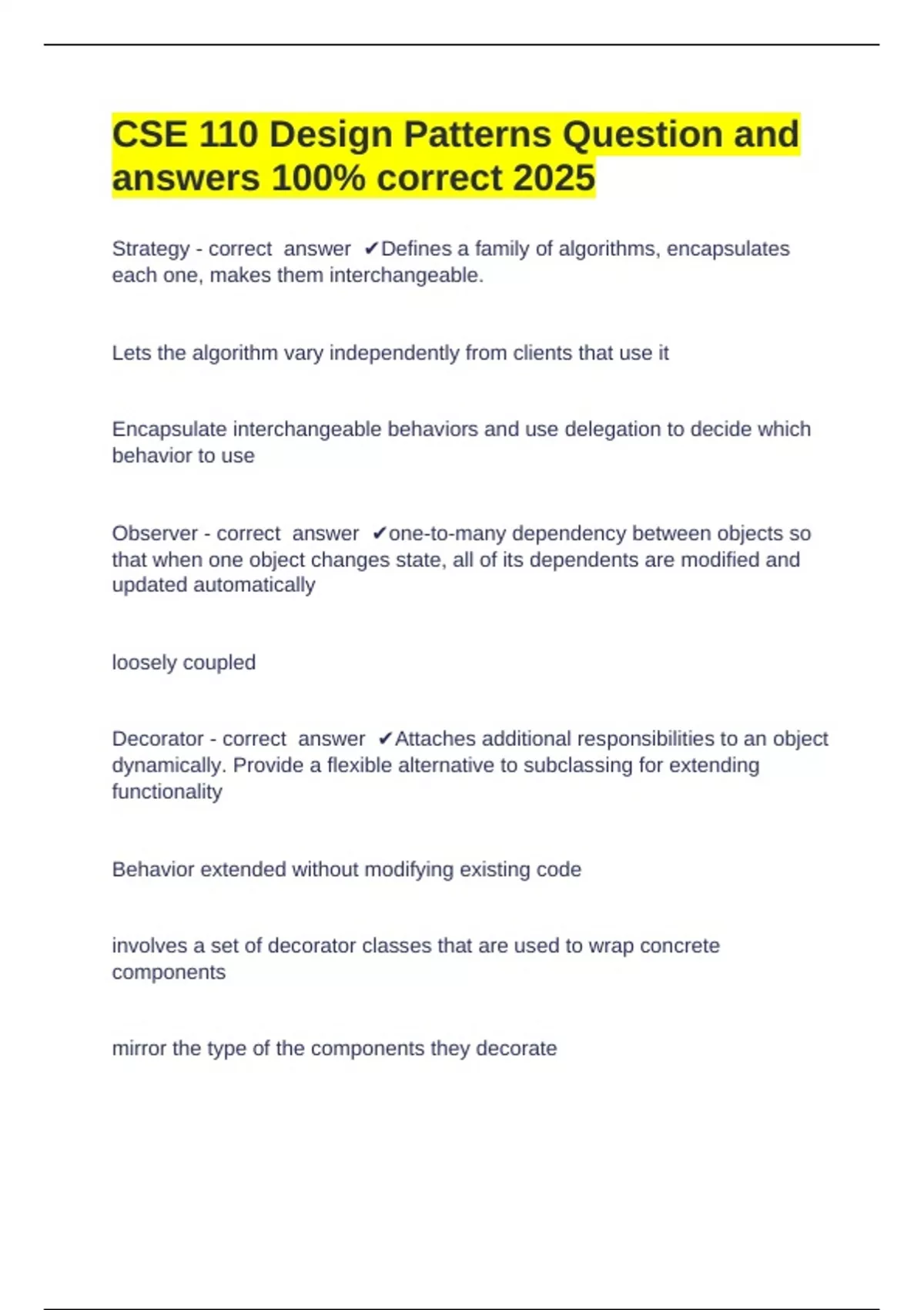 CSE 110 Design Patterns Question and answers 100% correct 2025 - CSE ...