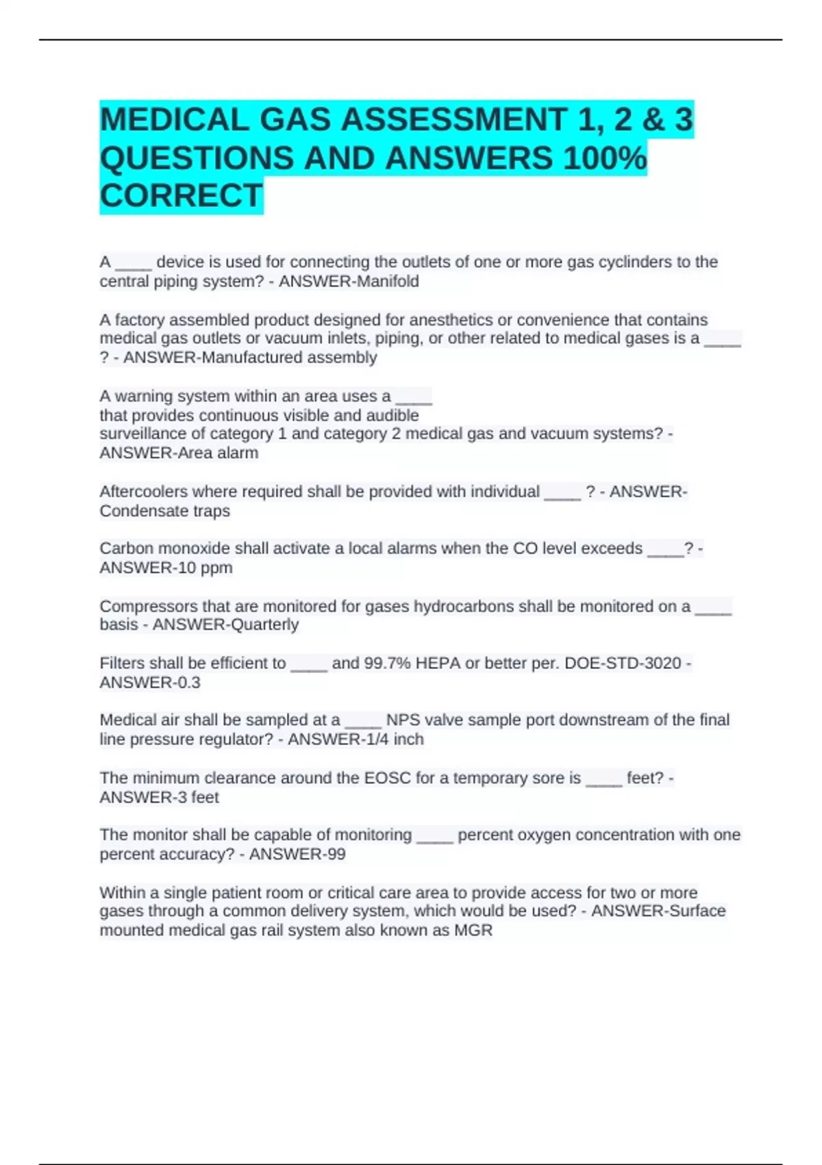 MEDICAL GAS ASSESSMENT 1, 2 & 3 QUESTIONS AND ANSWERS 100% CORRECT ...