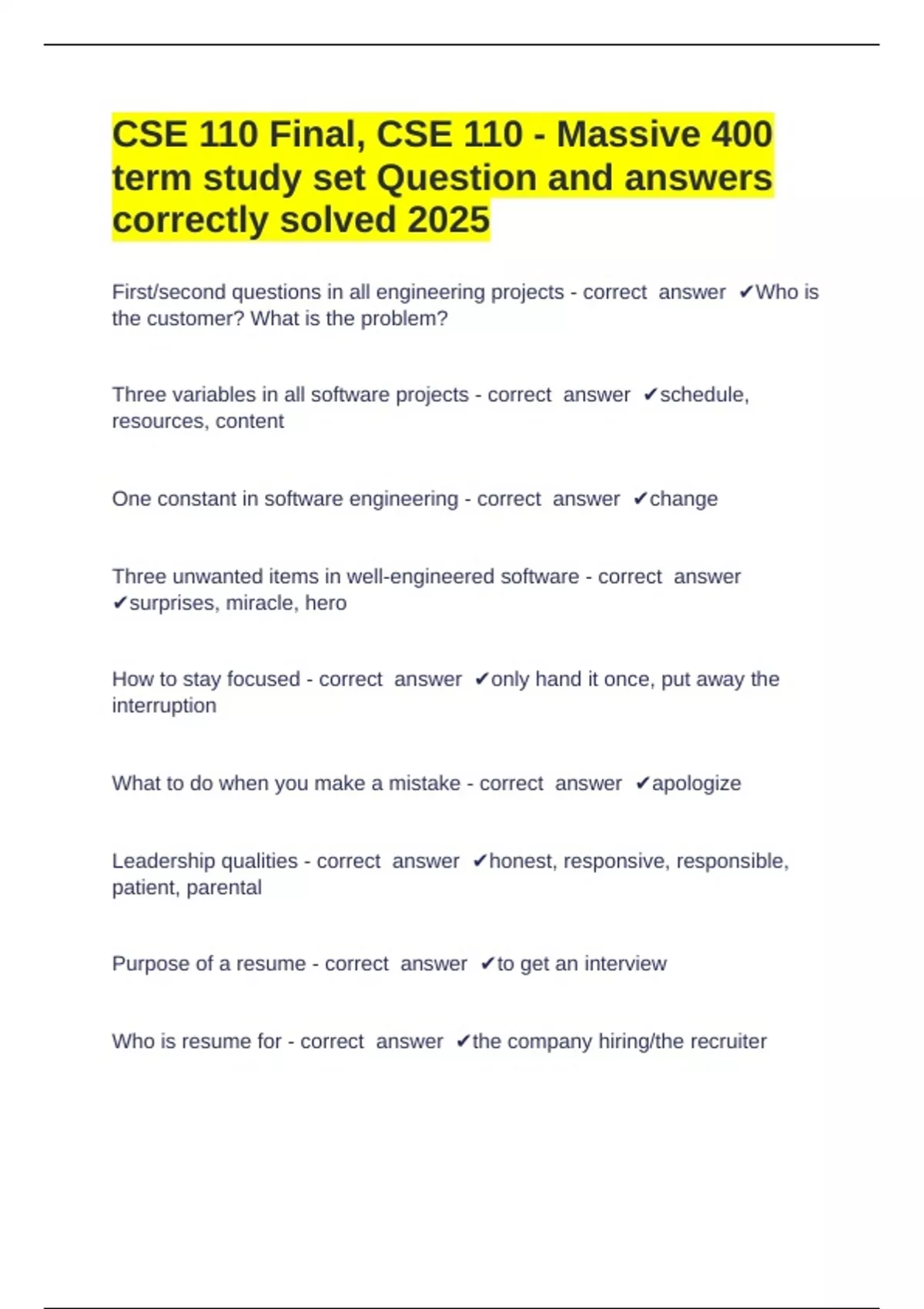 CSE 110 Final, CSE 110 - Massive 400 term study set Question and answers correctly solved 2025 ...