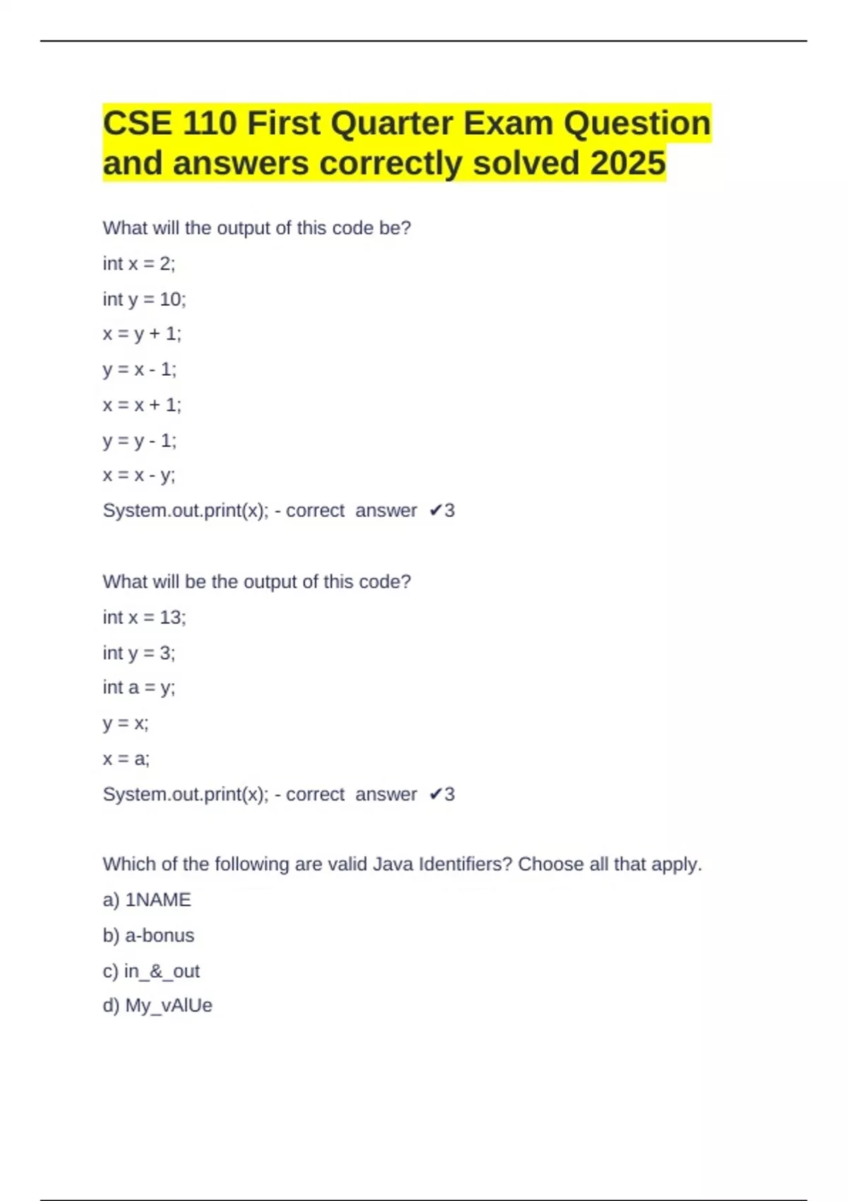 CSE 110 First Quarter Exam Question and answers correctly solved 2025 - CSE 110 First Quarter ...
