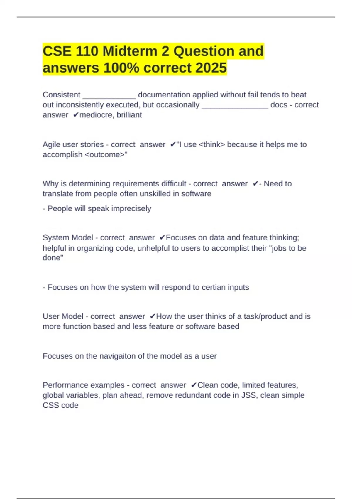 CSE 110 Midterm 2 Question and answers 100% correct 2025 - CSE 110 - Stuvia US