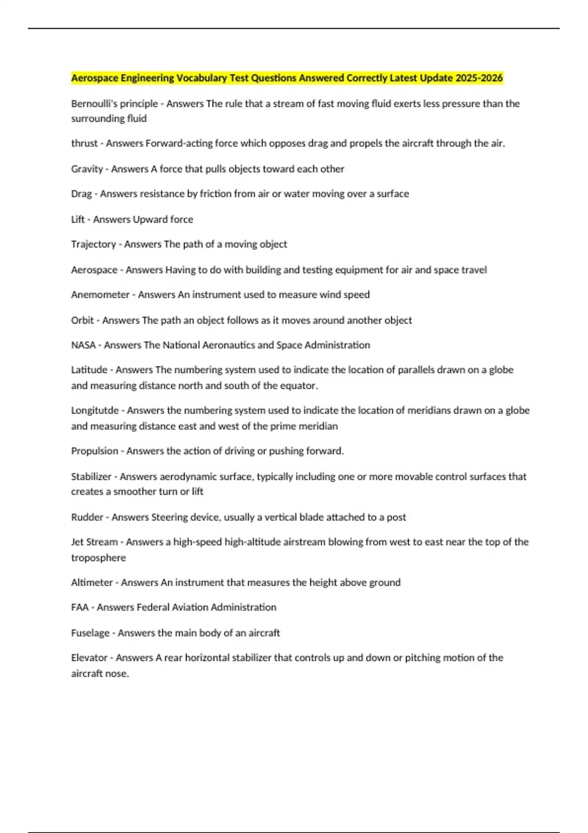 Aerospace Engineering Vocabulary Test Questions Answered Correctly ...