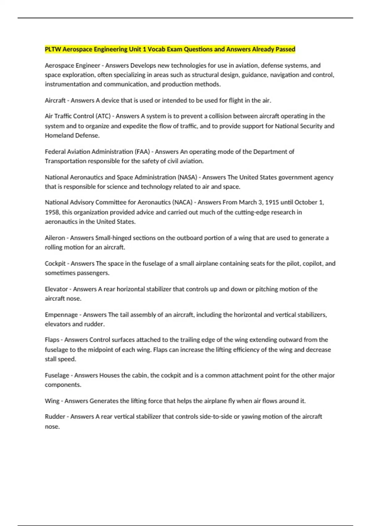 PLTW Aerospace Engineering Unit 1 Vocab Exam Questions and Answers ...