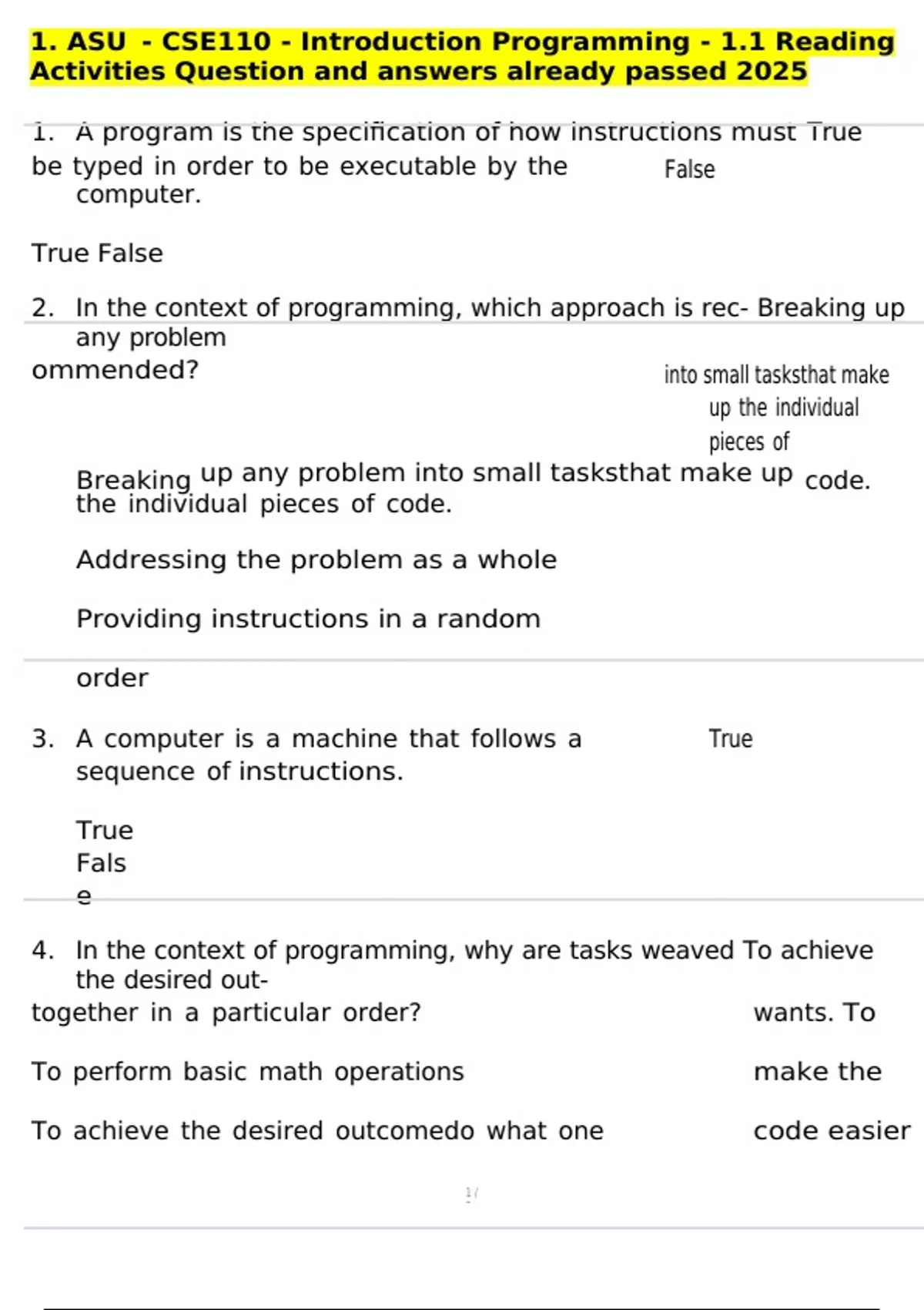 1. ASU - CSE110 - Introduction Programming - 1.1 Reading Activities Question and answers already ...