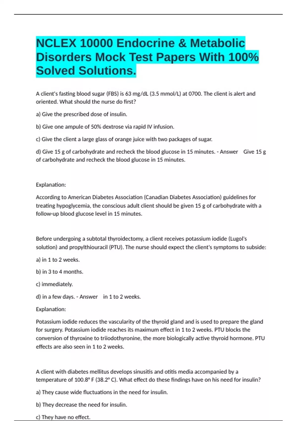 NCLEX 10000 Endocrine & Metabolic Disorders Mock Test Papers With 100% ...