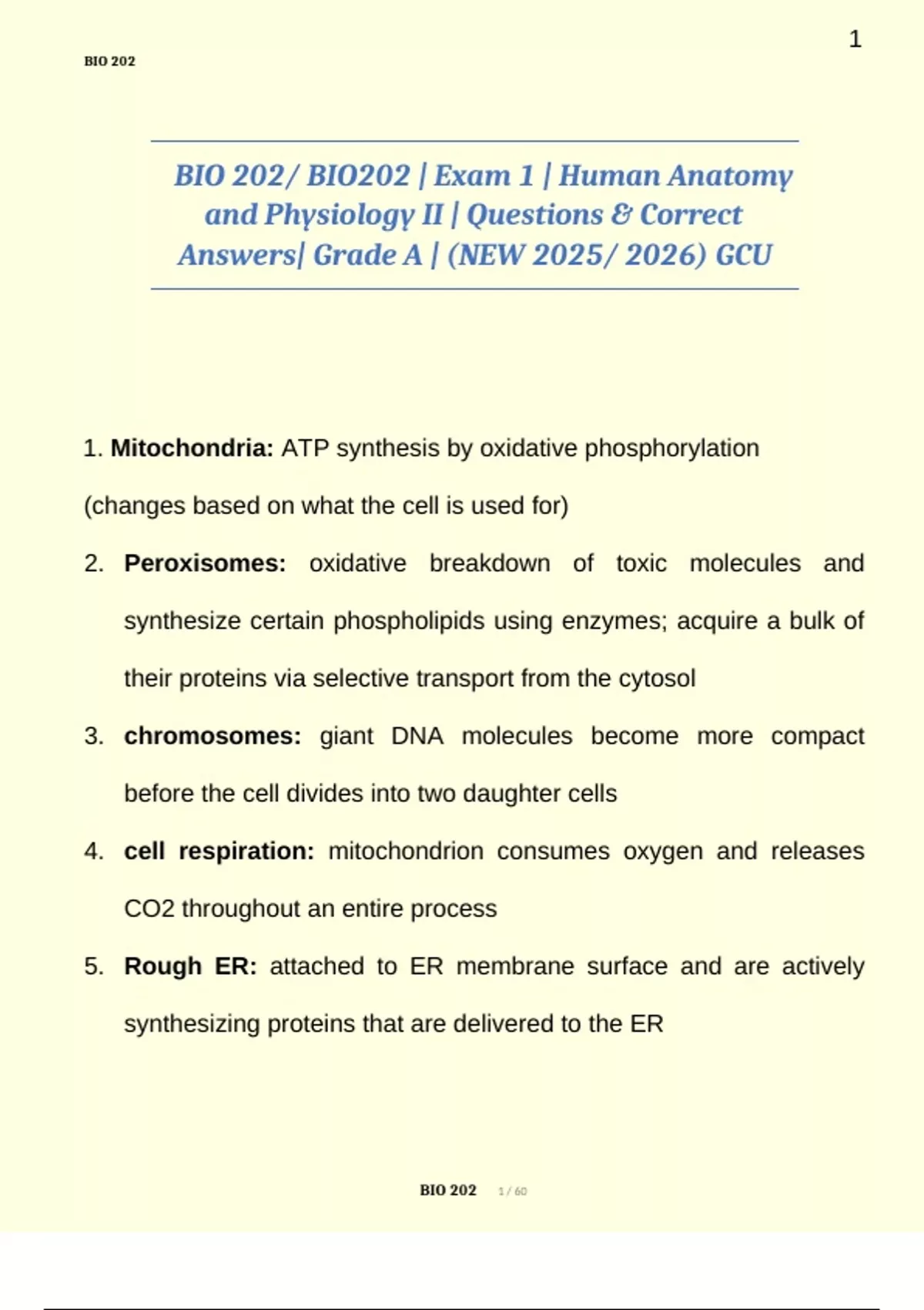 BIO 202/ BIO202 | Exam 1 | Human Anatomy and Physiology II | Questions ...