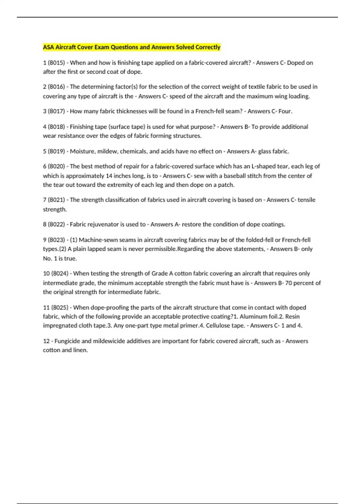 ASA Aircraft Cover Exam Questions and Answers Solved Correctly - ASA ...