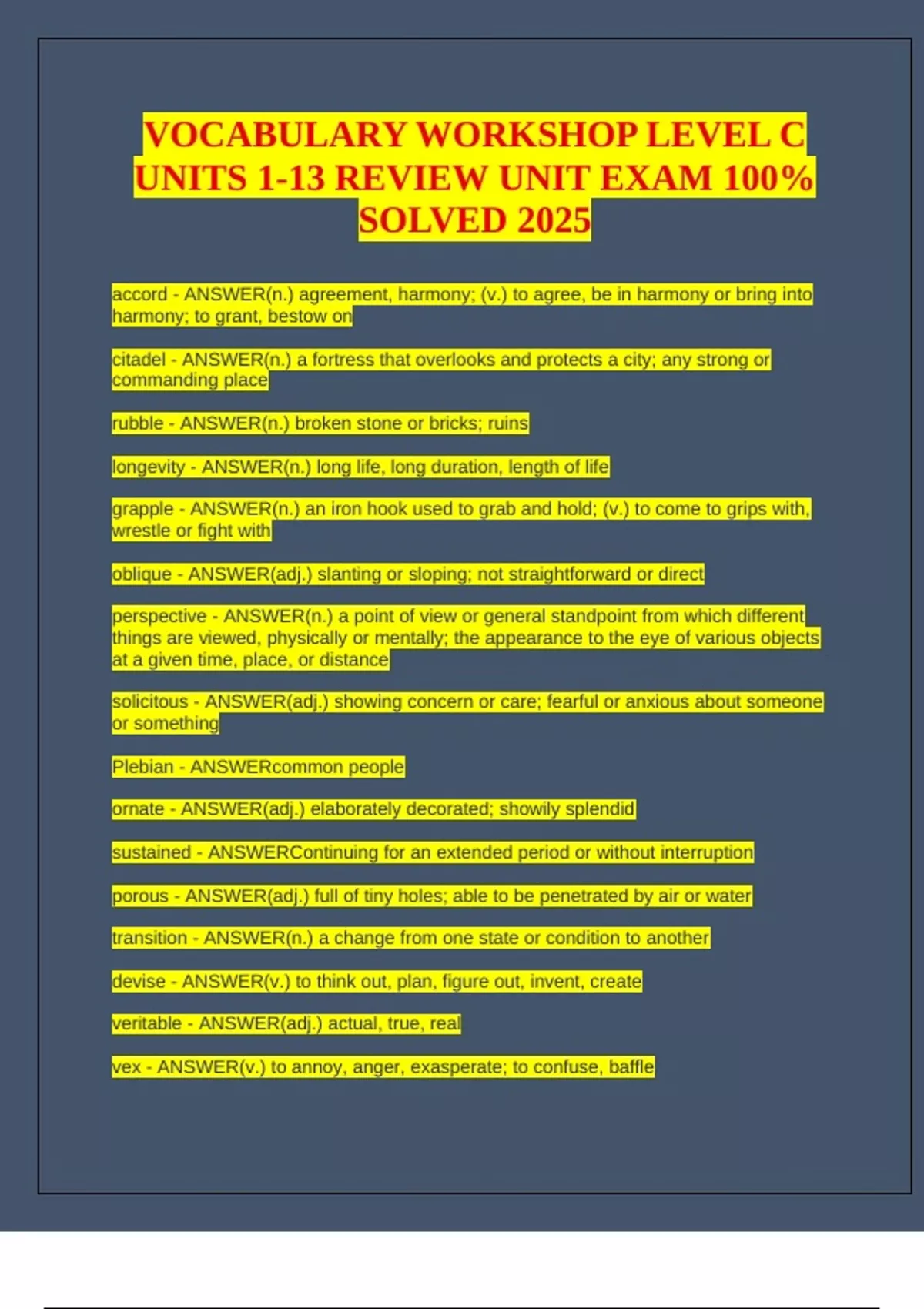 VOCABULARY WORKSHOP LEVEL C UNITS 1-13 REVIEW UNIT EXAM 100% SOLVED ...