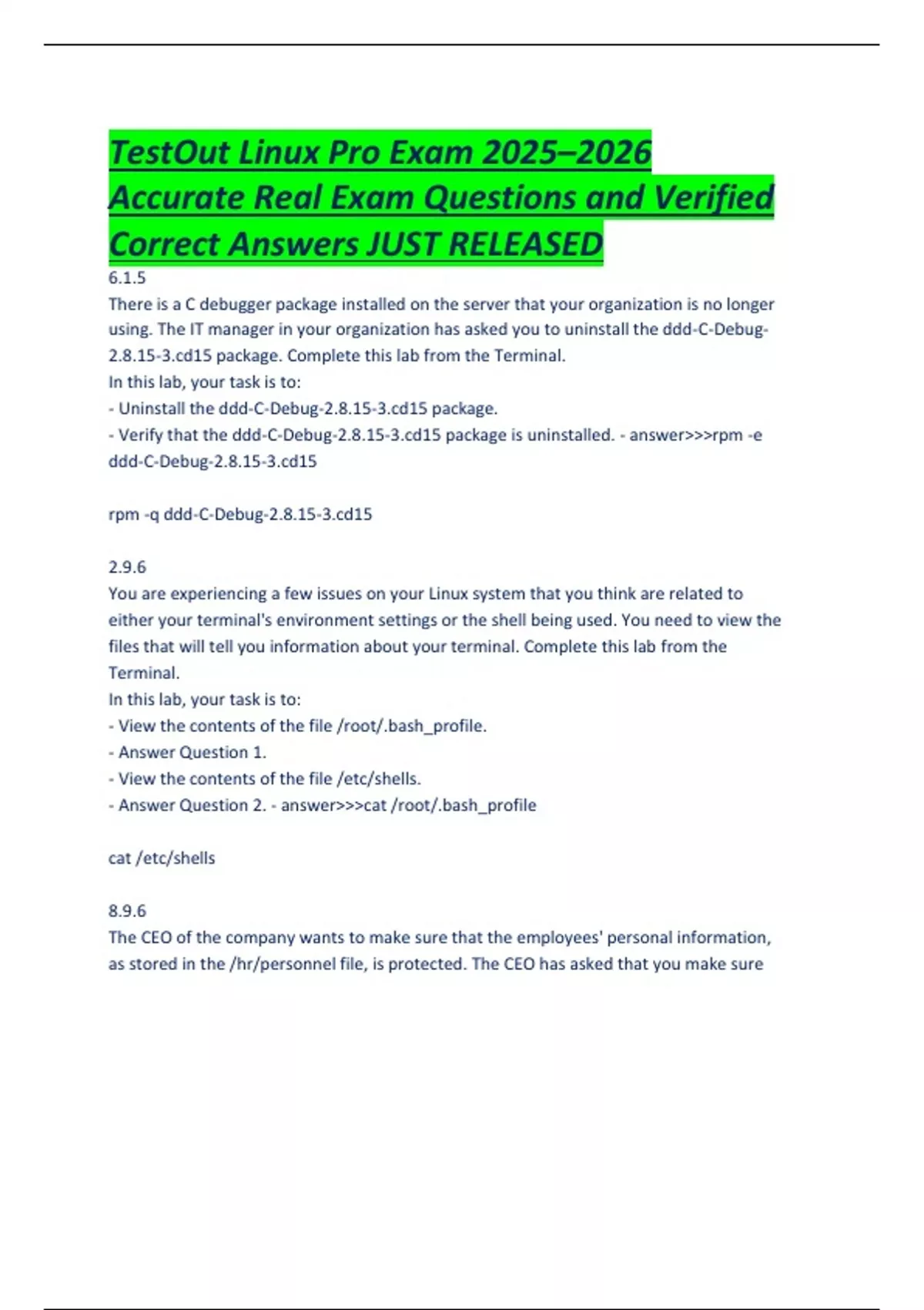 TestOut Linux Pro Exam 2025–2026 Linux command-line Accurate Real Exam ...