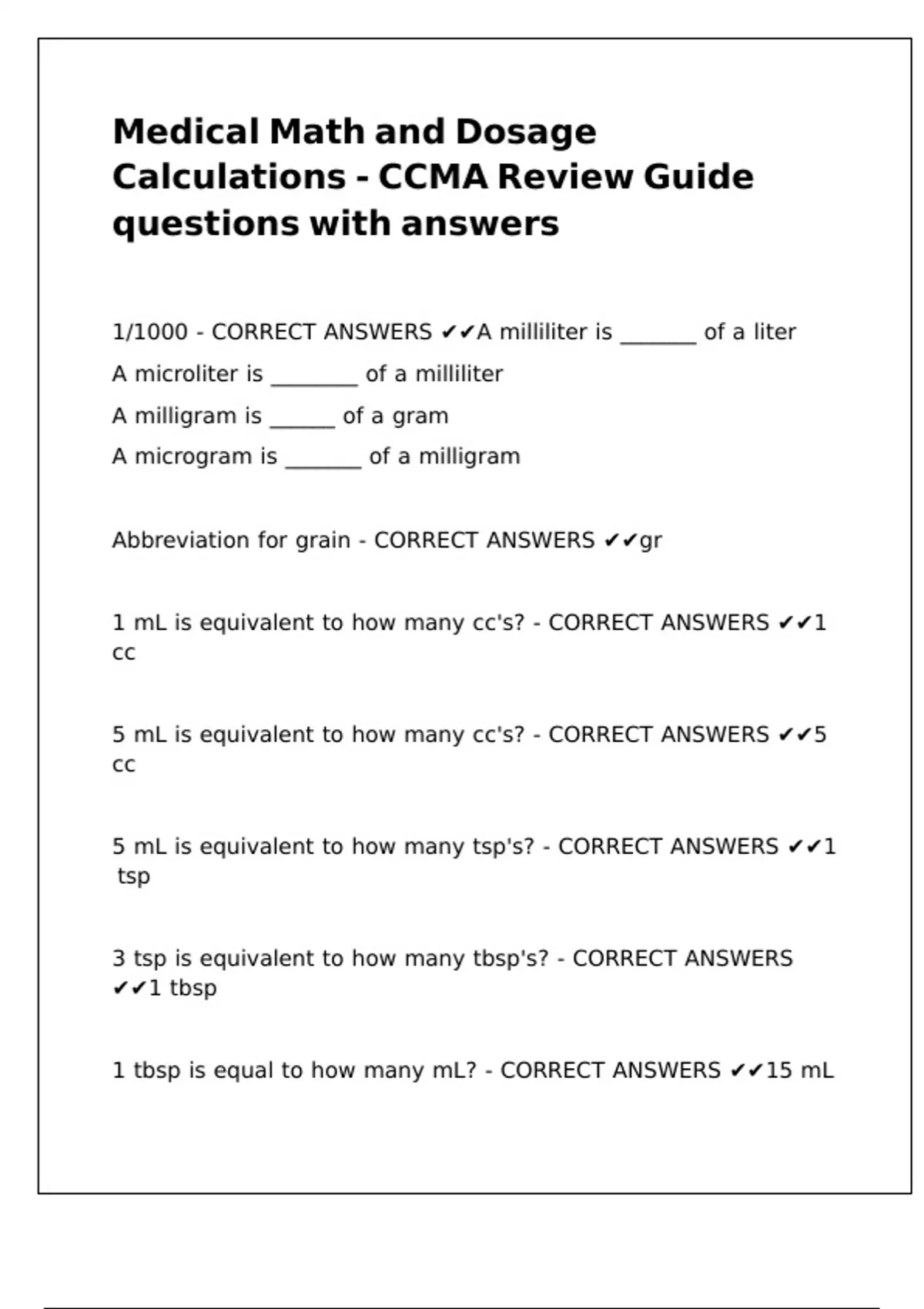 Medical Math and Dosage Calculations - CCMA Review Guide questions with ...