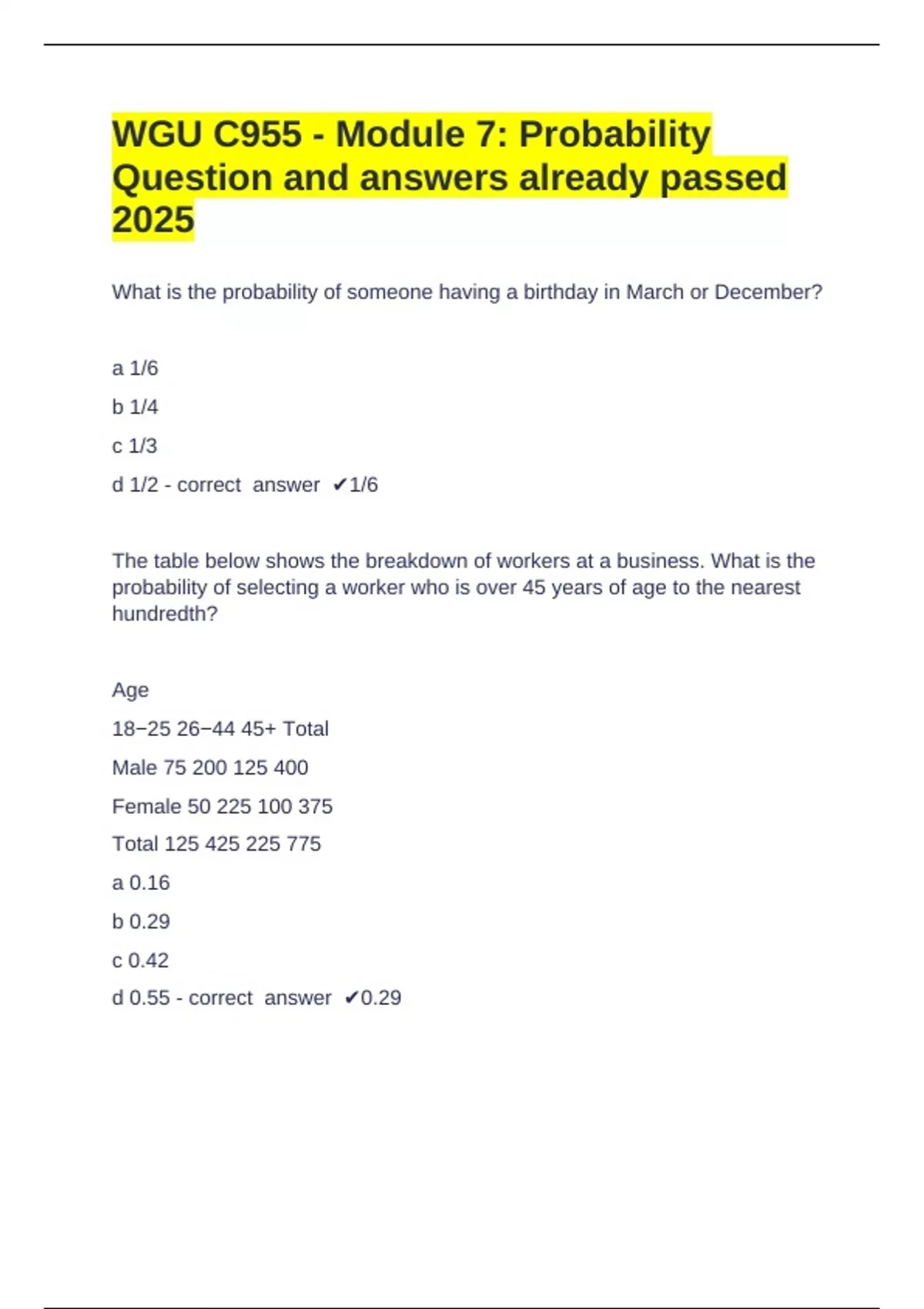 WGU C955 - Module 7: Probability Question and answers already passed ...
