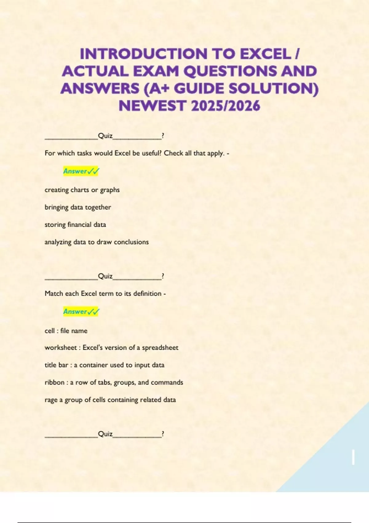 INTRODUCTION TO EXCEL / ACTUAL EXAM QUESTIONS AND ANSWERS (A+ GUIDE ...