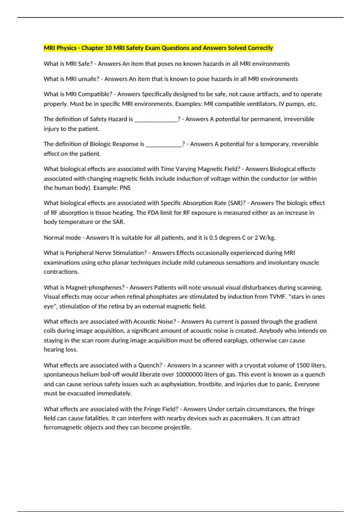 MRI Physics Bundled Questions and Answers Solved Correctly - Stuvia US