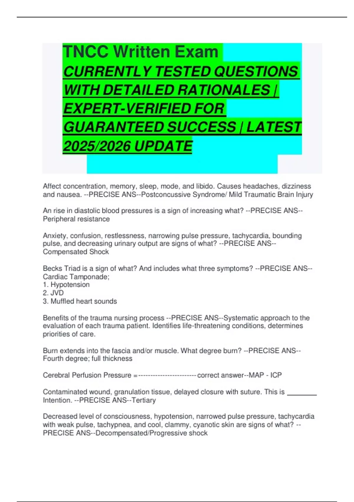 TNCC Written Exam CURRENTLY TESTED QUESTIONS WITH DETAILED RATIONALES ...